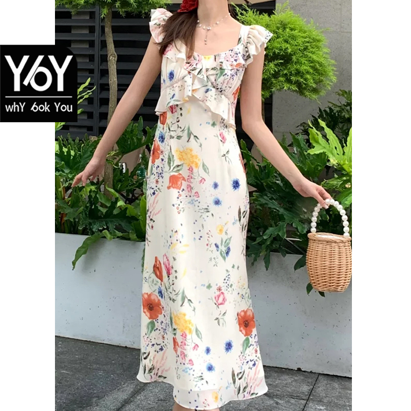 Y6y ชุดเดรสสุภาพสตรีแขนบินเล็กสไตล์ฝรั่งเศสอ่อนโยน C7L43920 (แอปริคอท ...