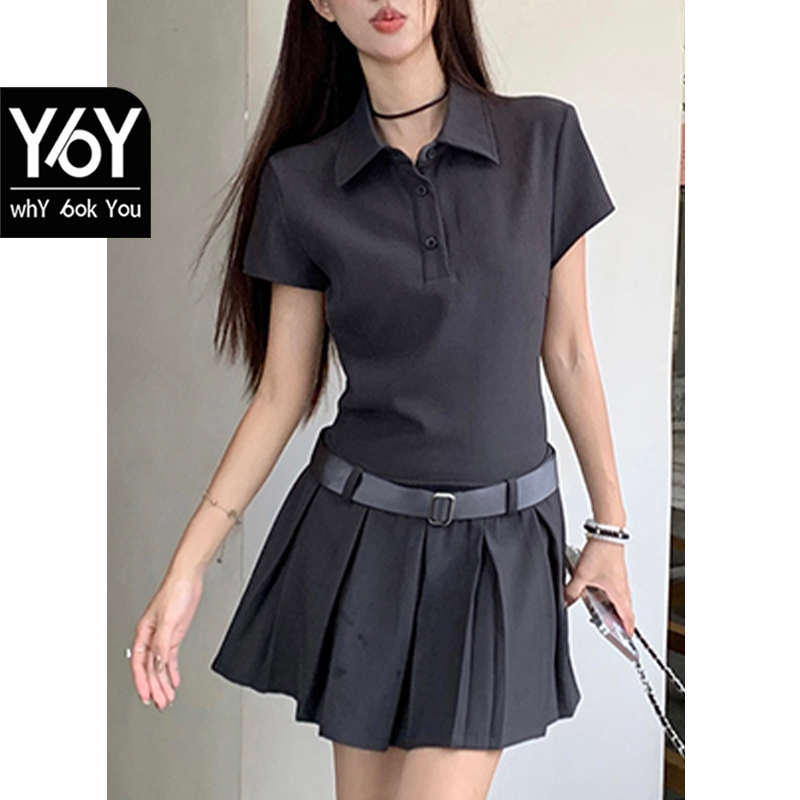 Y6y ชุดเดรสจีบสุภาพสตรีแขนสั้นสไตล์ฝรั่งเศสหวาน C4L41696 (สีเทา ...