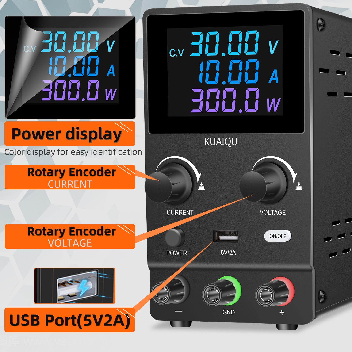 Kuaiqu แหล่งจ่ายไฟ DC 30V 10A SPPS-B3010D ปรับแหล่งจ่ายไฟแบตเตอรี่อินเทอร์เฟซ USB หน้าจอสีจอแสดง ...