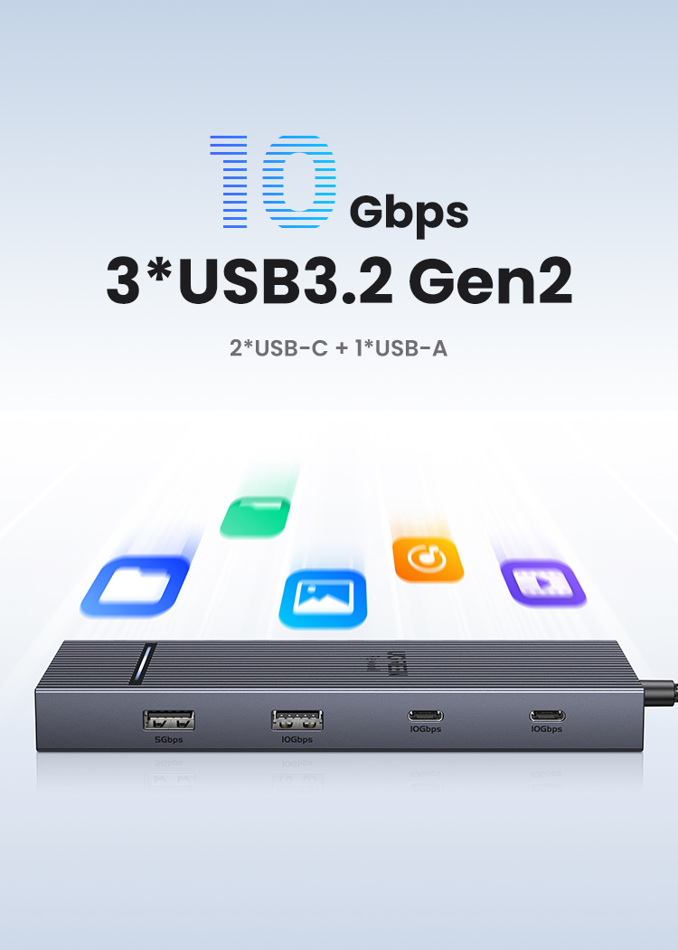 UGREEN 10Gbps Dual HDMI 7-in-1 HUB 4K @ 60hz ประเภท C ถึง HDMI USB3.2 Gen2 10Gbps 2xUSB-C 3 ...