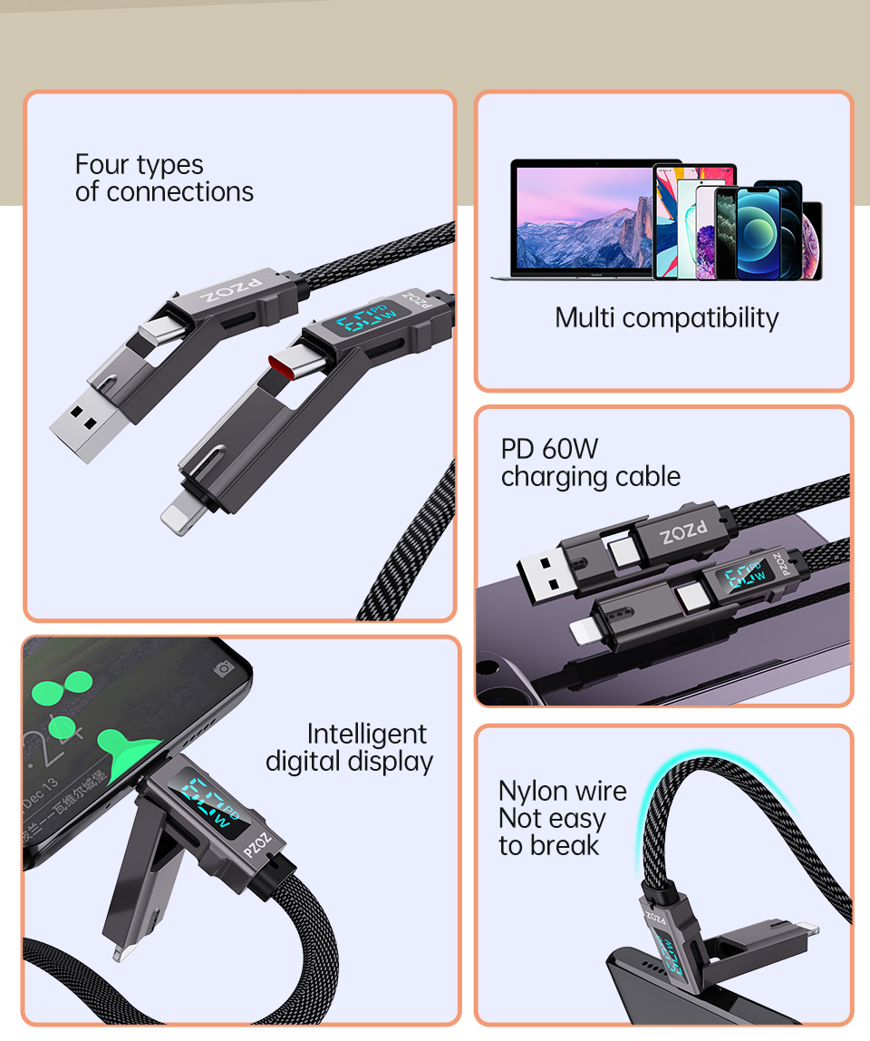 Pzoz 4 in 1 60W PD USB C สายดิจิตอลจอแสดงผล Fast Charging สําหรับ ...