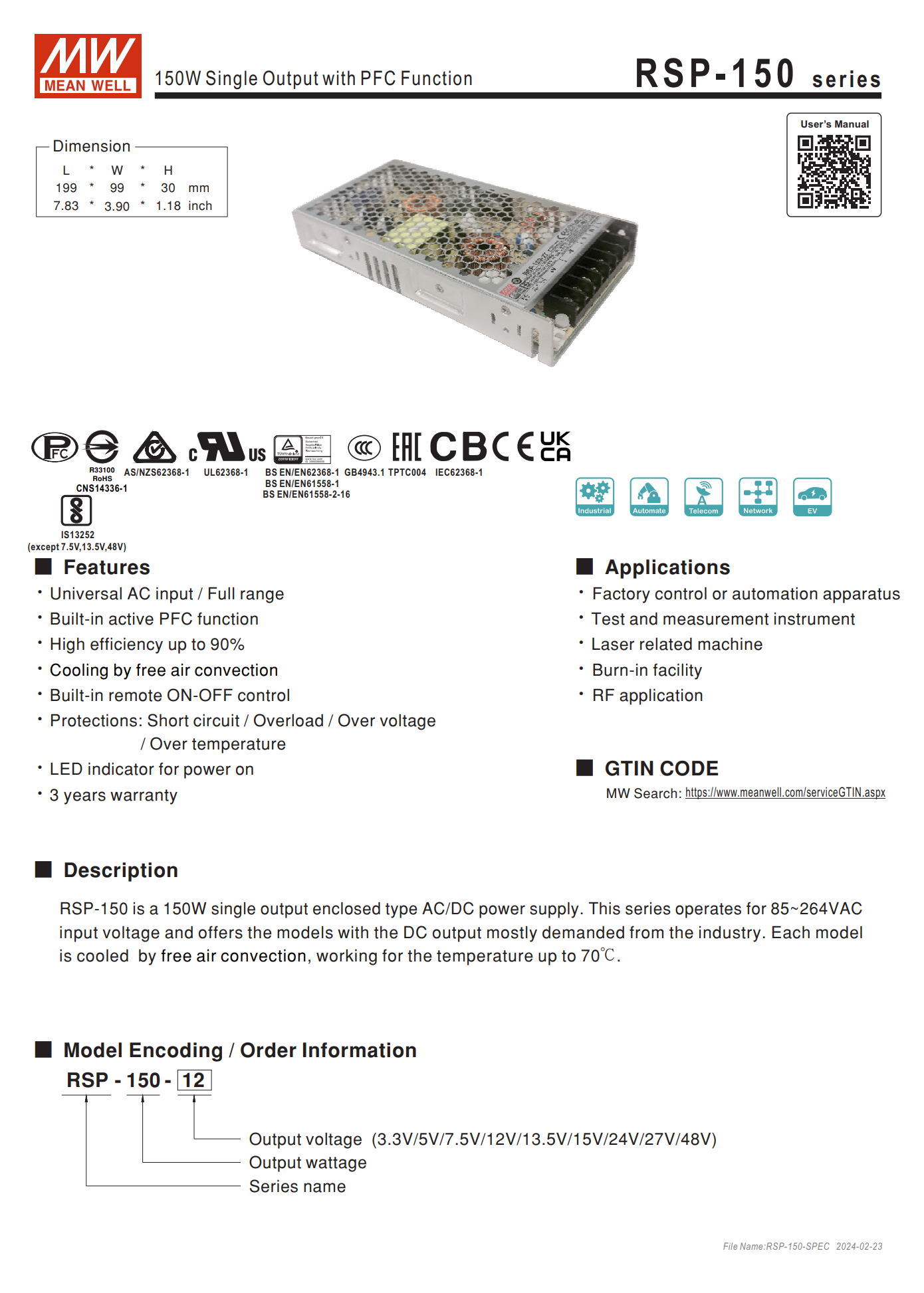 MEAN WELL RSP-150-24 RSP-150-12 สวิตช์พาวเวอร์ซัพพลาย Meanwell หม้อแปลง สวิตซ์ชิ่ง เพาเวอร์ซัพพ ...