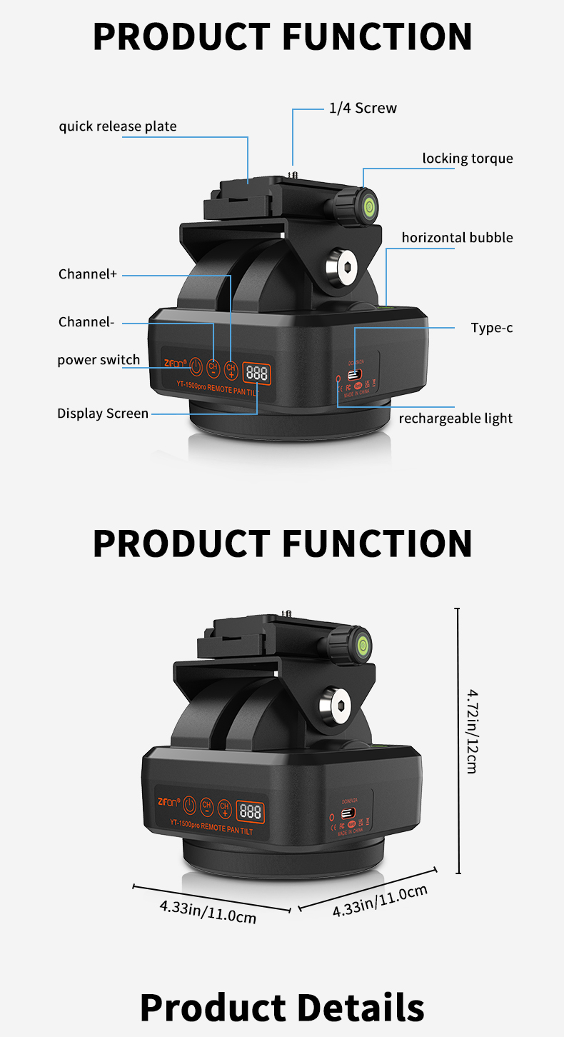 ZIFON YT-1500 Pro Pan Pan Tilt ไฟฟ้าแบบพาโนรามา 360 องศาหมุน 2.2 กก. ...