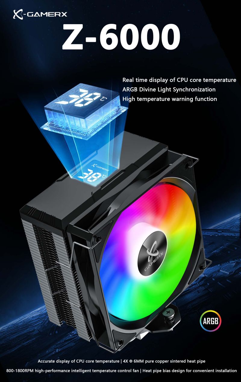 รถไฟ X-Gamerx Z-6000 ARGB CPU Cooler ดิจิตอลจอแสดงผลหม้อน้ํา 6 ท่อความ ...