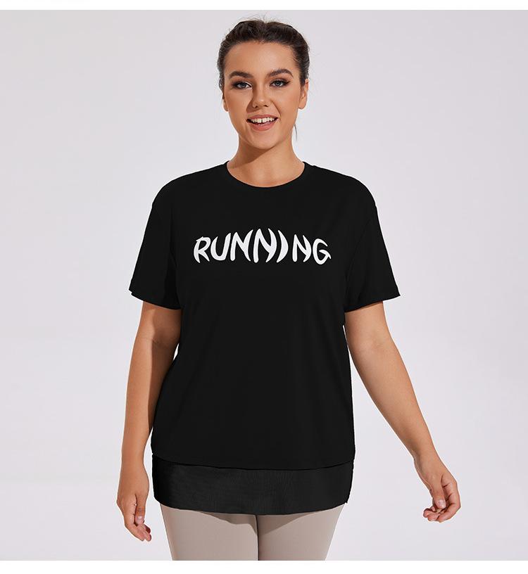 ขนาดบวกตาข่ายประกบหลวมระบายอากาศกีฬาแขนสั้นโยคะด้านบนพิมพ์เสื้อยืด ...