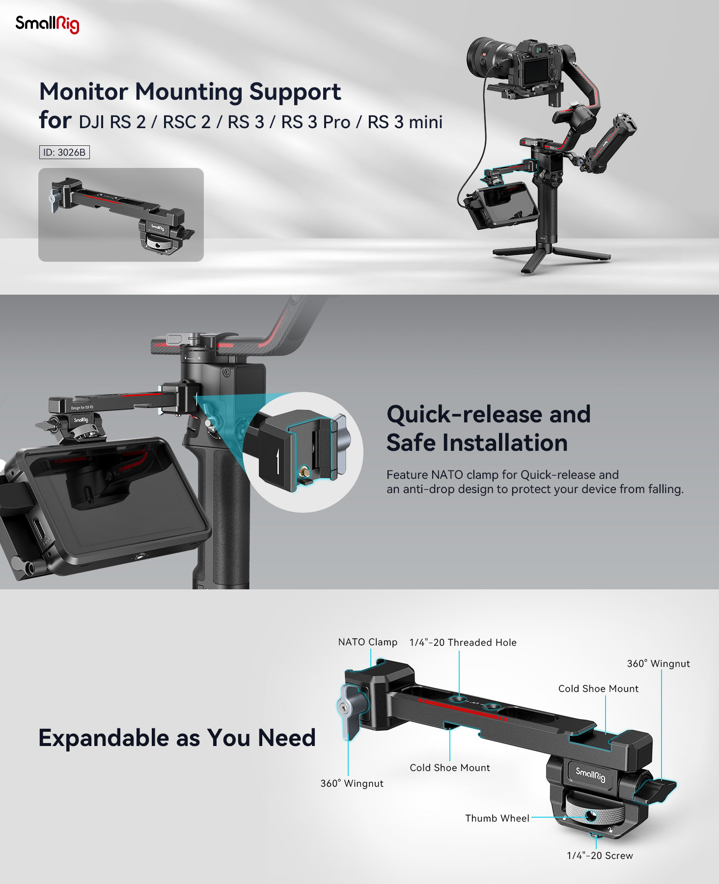 Smallrig Dual Handle Handgrip Quick Release แผ่นกล้อง Monitor Mount ...