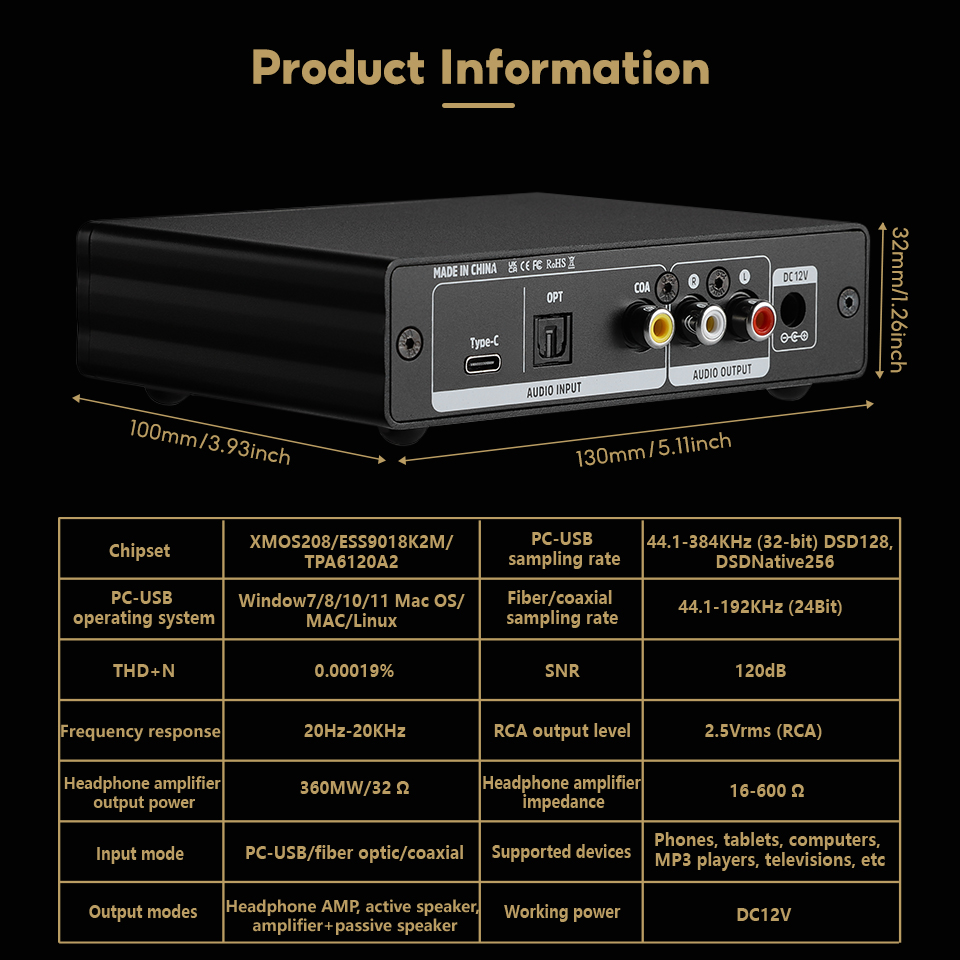 Aiyima DAC-A10 มินิสเตอริโอถอดรหัสเครื่องขยายเสียงหูฟัง 16-600Ω ESS9018K2M USB Coaxial Optical ...