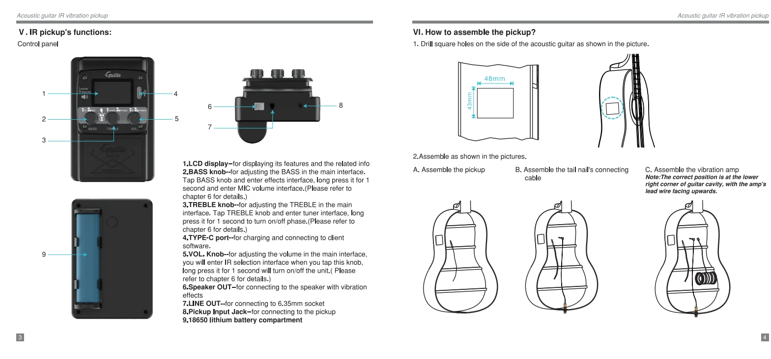 ⭐⭐⭐Guitto GGP-04 Digital IR Classical Acoustic guitar Vibration Pickup Reverberation Delay ...