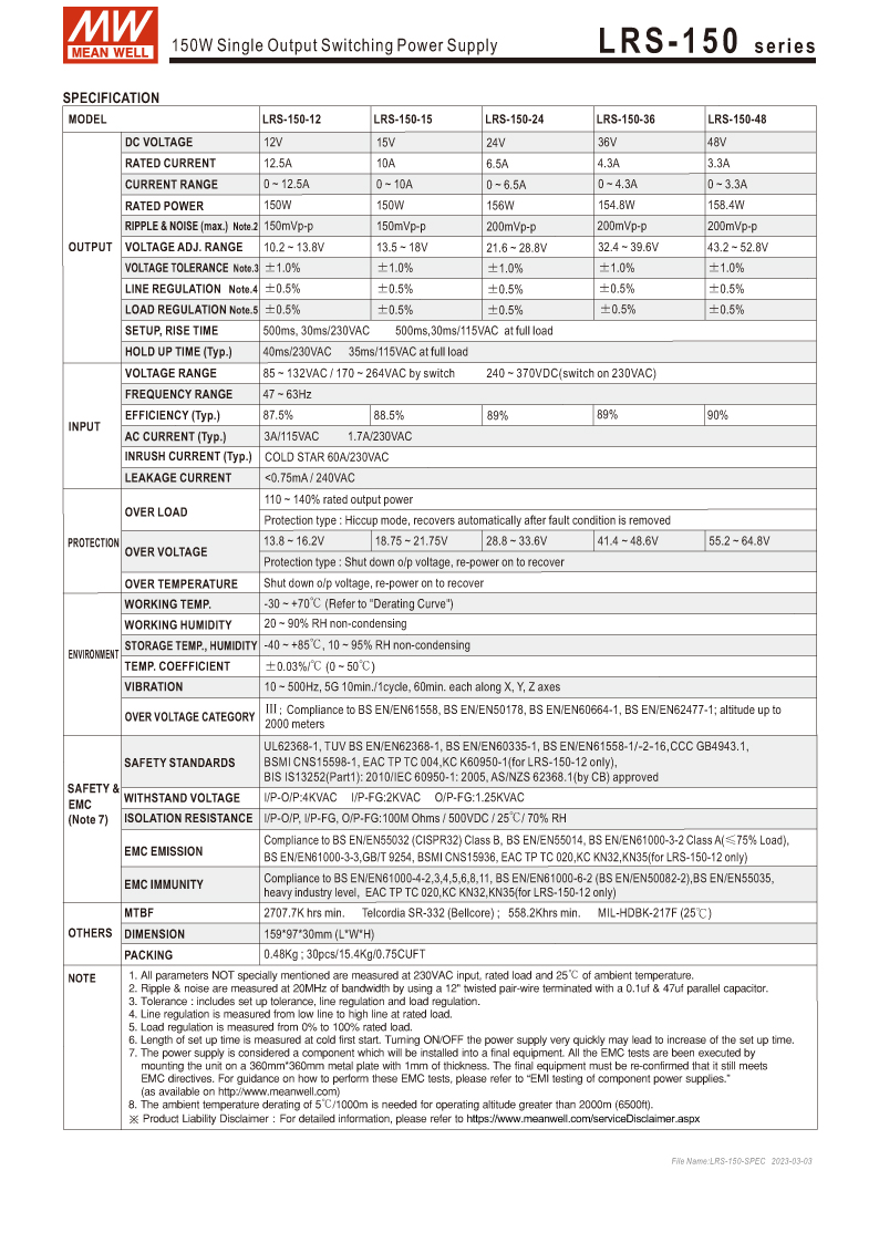 MEAN WELL LRS-35 LRS-50 LRS-75 LRS-100 LRS-150 LRS-200 LRS-350 DC12V ...