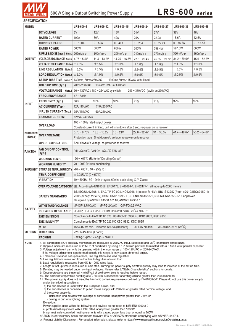 MEAN WELL LRS-600-24 DC24V 25A LRS-600-12 LRS-600-5 LRS-600-36 LRS-600 ...