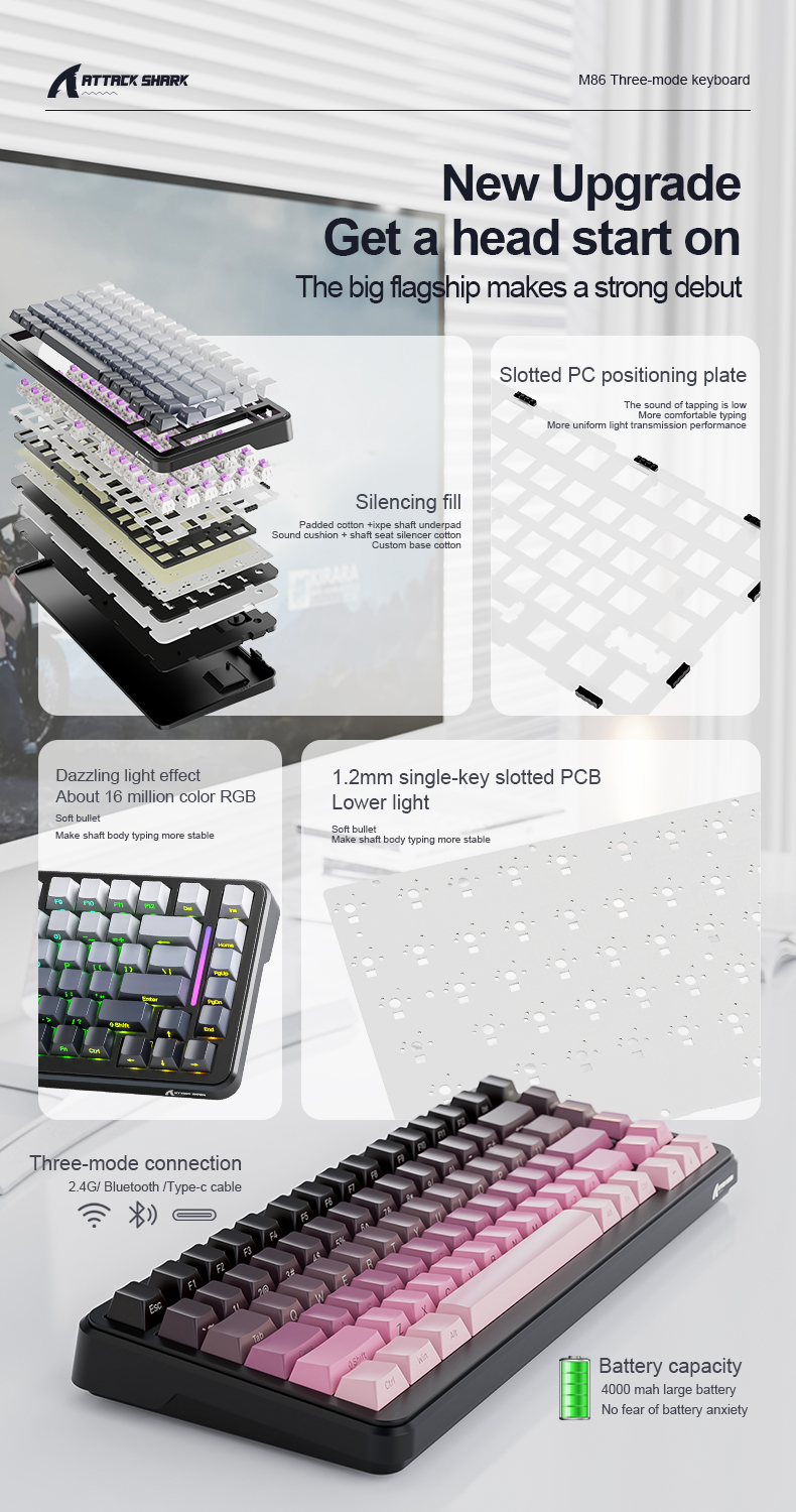 Attack Shark M86 คีย์บอร์ดไร้สาย Bluetooth Rgb Side แกะสลัก E-Sports Game keyboard full-key hot ...