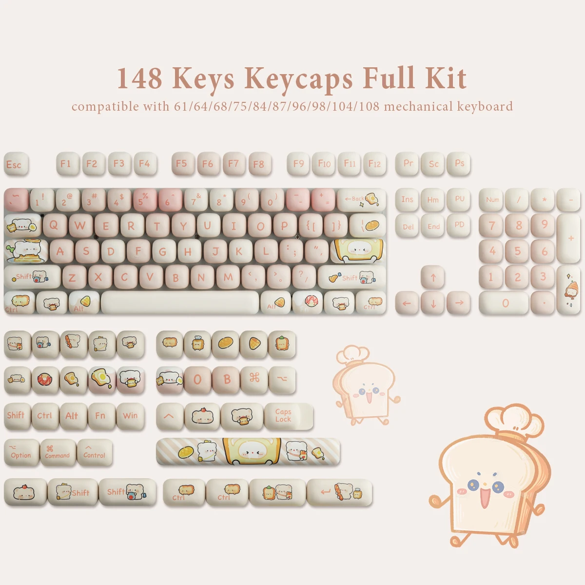 Pbt Keycaps Bread Bear Rounded Keycaps สีชมพูและน่ารัก MOG keycap Dye Sublimation,144 คีย์ ...