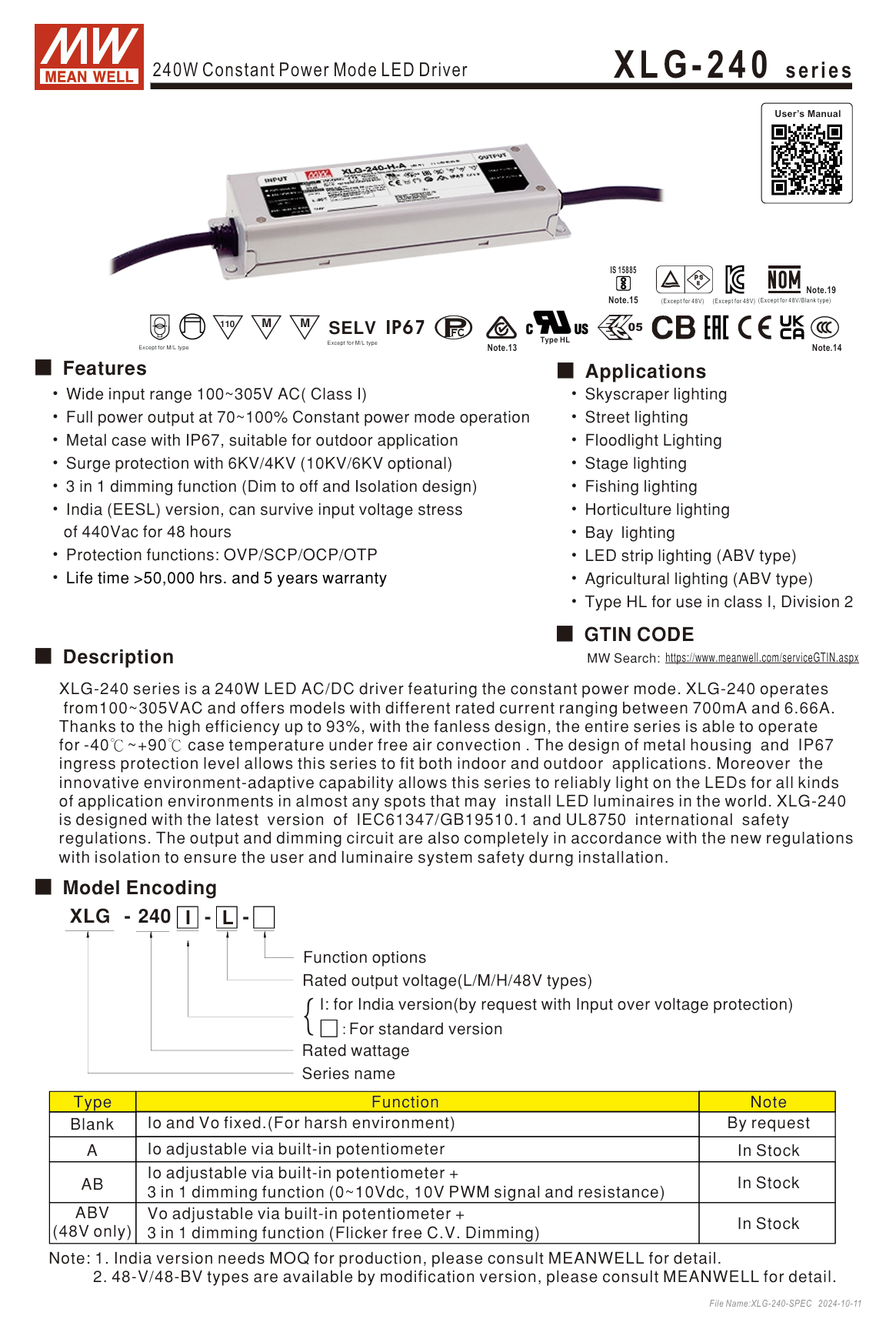 MEAN WELL XLG-240-LA XLG-240-MA XLG-240-HA LED แหล่งจ่ายไฟสลับ MEANWELL ...