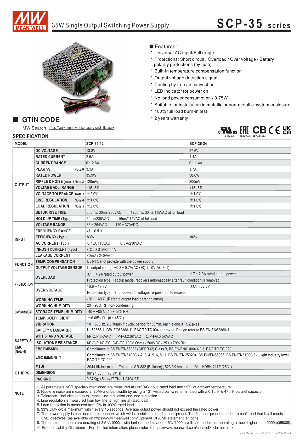 MEAN WELL SCP-35-12 SCP-35-24 แหล่งจ่ายไฟสลับ MEANWELL แหล่งจ่ายไฟแบบ ...