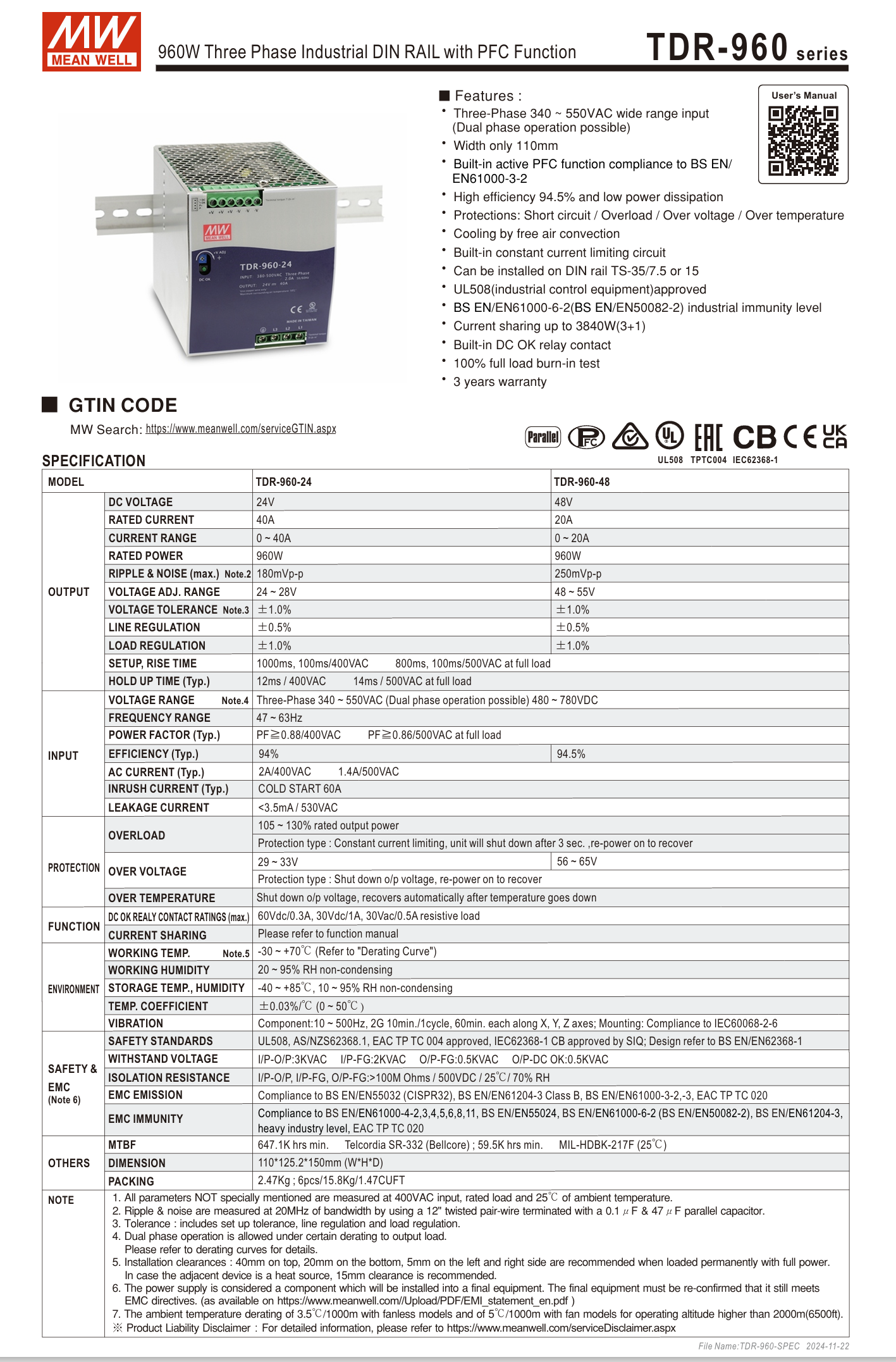 MEAN WELL TDR-960-24 DC24V 40A TDR-960-48 DC48V 20A 3 เฟส 340 ~ 550VAC ...