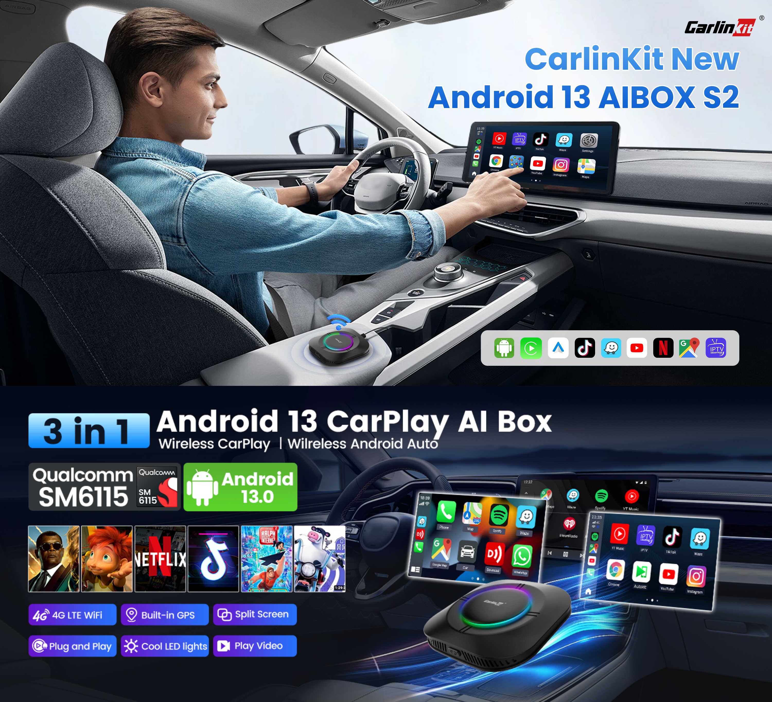 CarlinKit S2 CarPlay Ai Box SM6115 8 core Android 13 TV Video Streaming ...