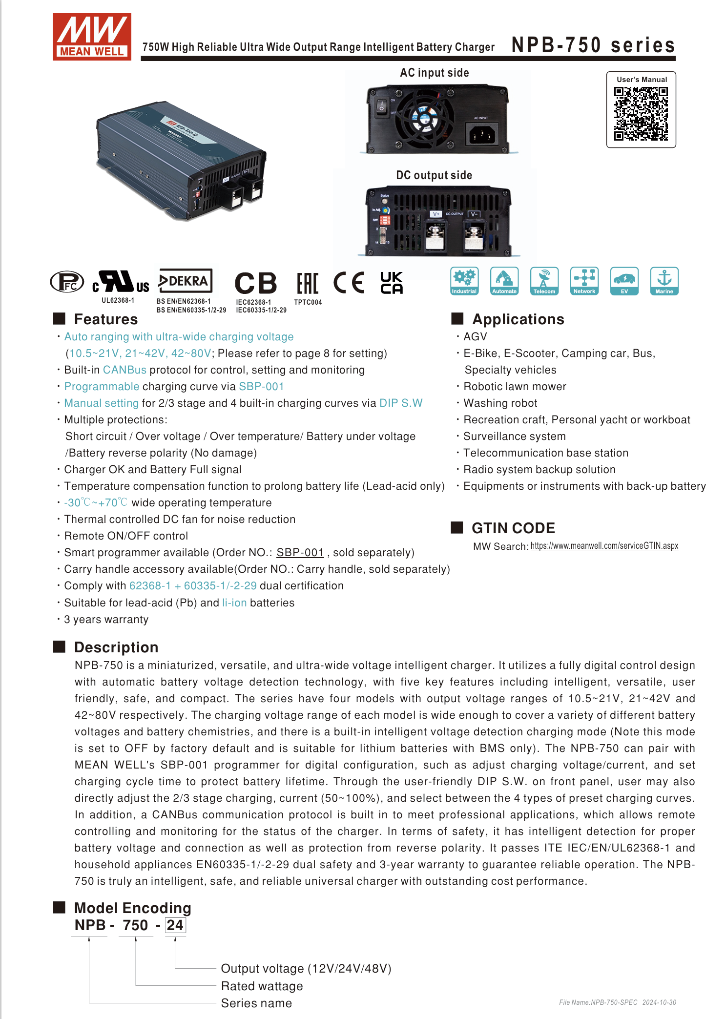 MEAN WELL เครื่องชาร์จ NPB-750-12 NPB-70-24 NPB-750-48 14.4V 28.8V 57.2V 57.6V Meanwell สวิตช์ ...
