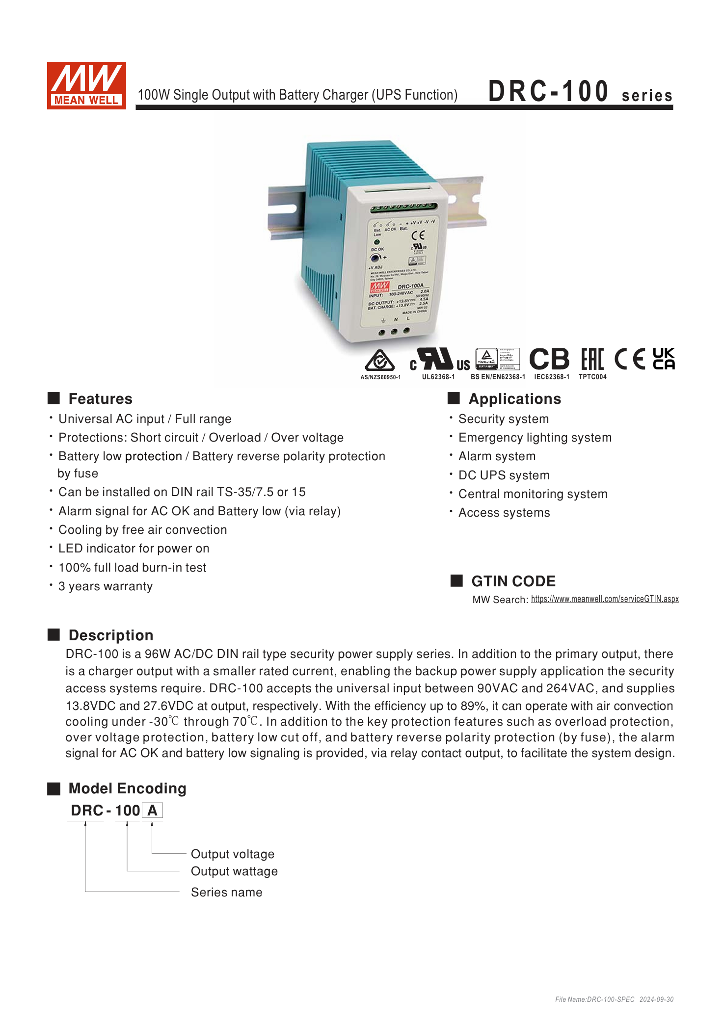 MEAN WELL DRC-100A DRC-100B แหล่งจ่ายไฟสลับ MEANWELL เอาต์พุตเดี่ยว ...