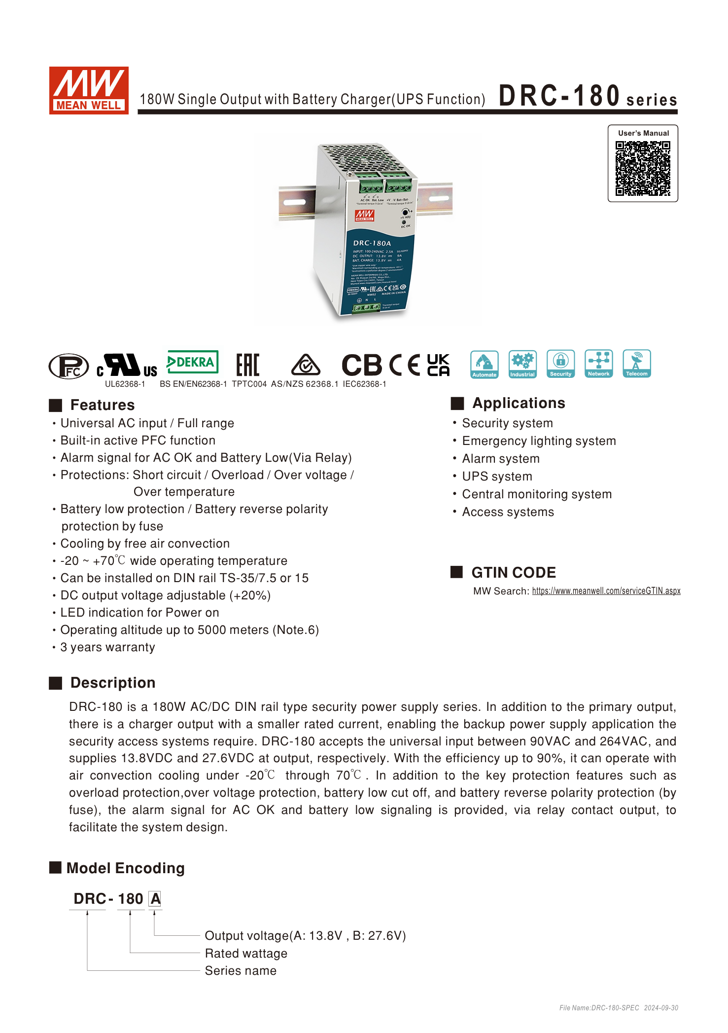 MEAN WELL DRC-180A DRC-180B แหล่งจ่ายไฟสลับ MEANWELL เอาต์พุตเดี่ยวพร้อมแท่นชาร์จแบตเตอรี่ (ฟังก ...