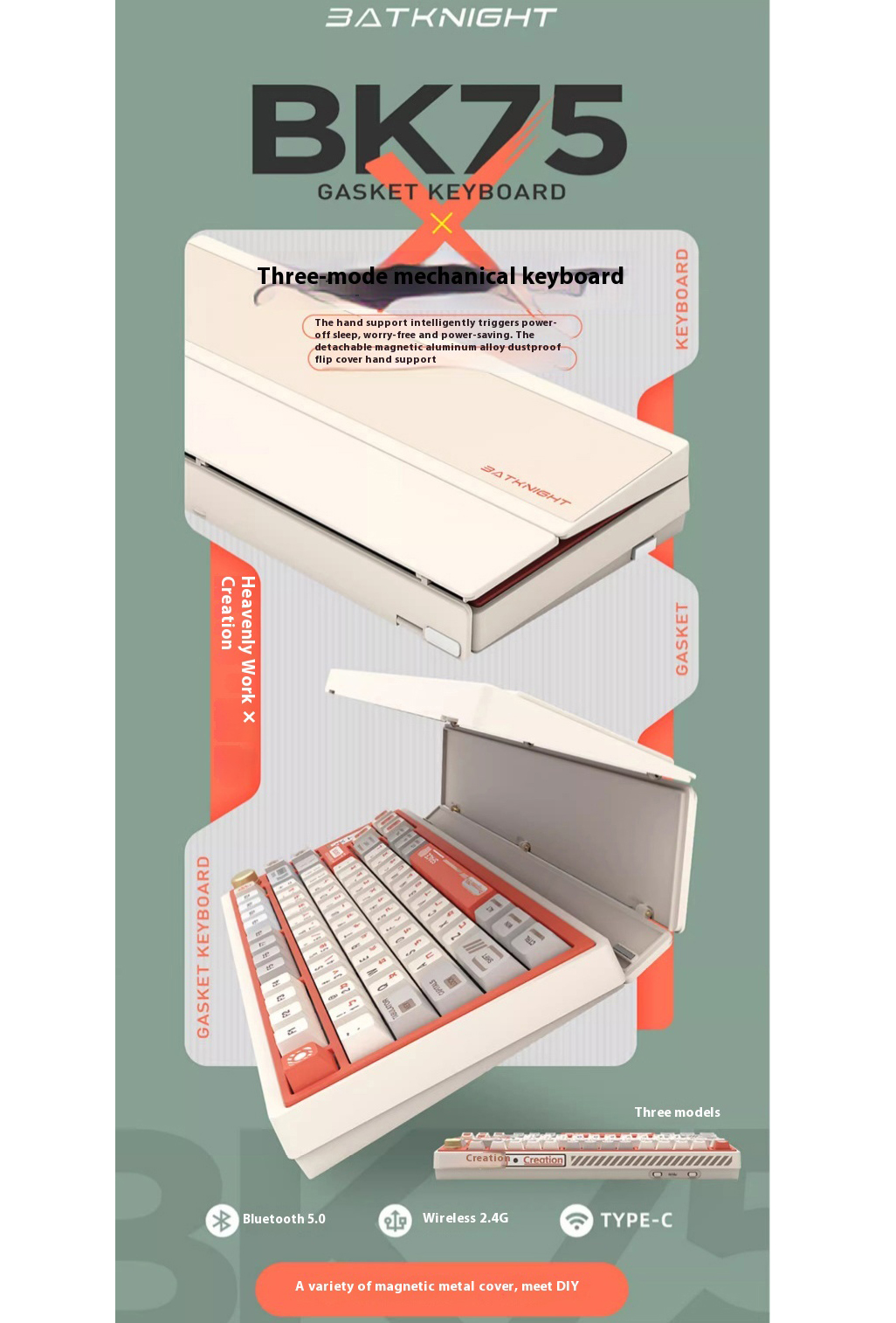 Batknight BK75 BK75 คีย์บอร์ดไร้สาย 75% Hot swappable RGB GASKET ...
