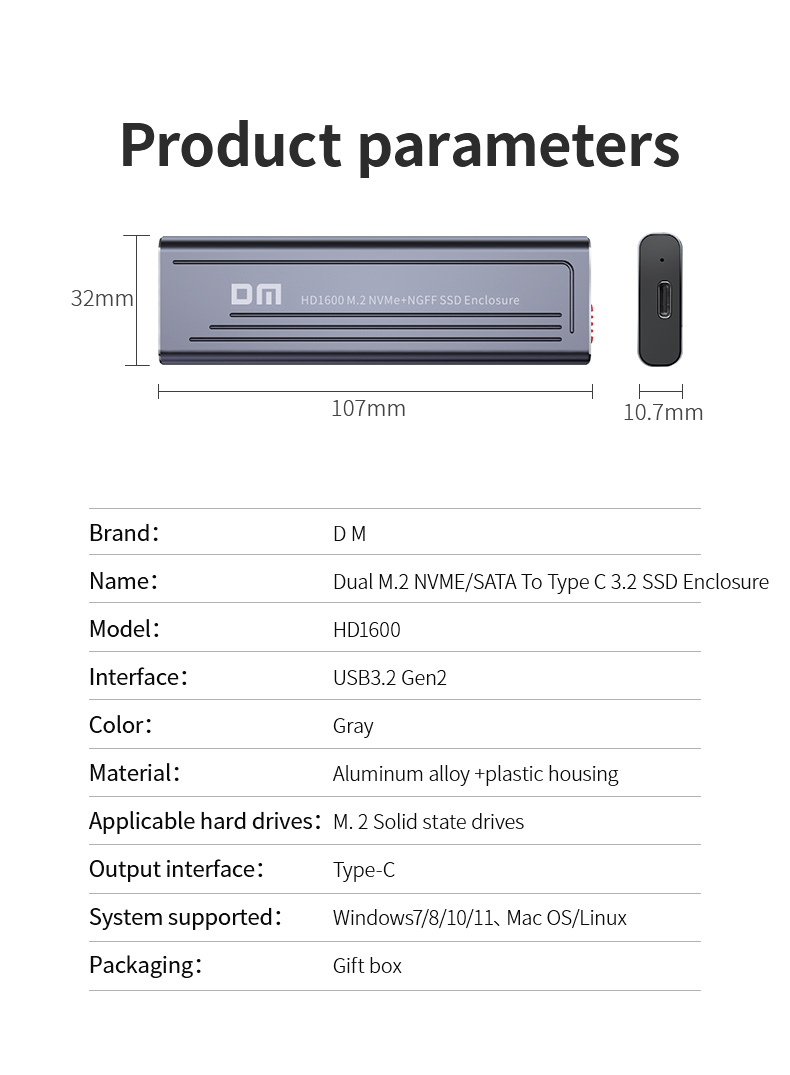 Dm M.2 NVME/NGFF Dual protocol SSD Type-C Enclosure Solid State Hard ...
