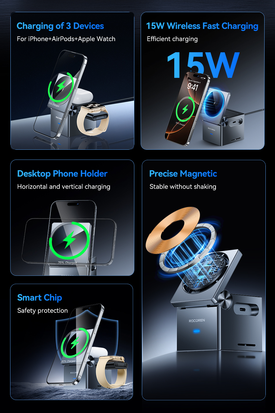 Rocoren 3-in-1 Cube ชาร์จ 15W Fast Charging ที่ชาร์จไร้สายแบบพับได้เข้ากันได้กับ Iphones Watch ...