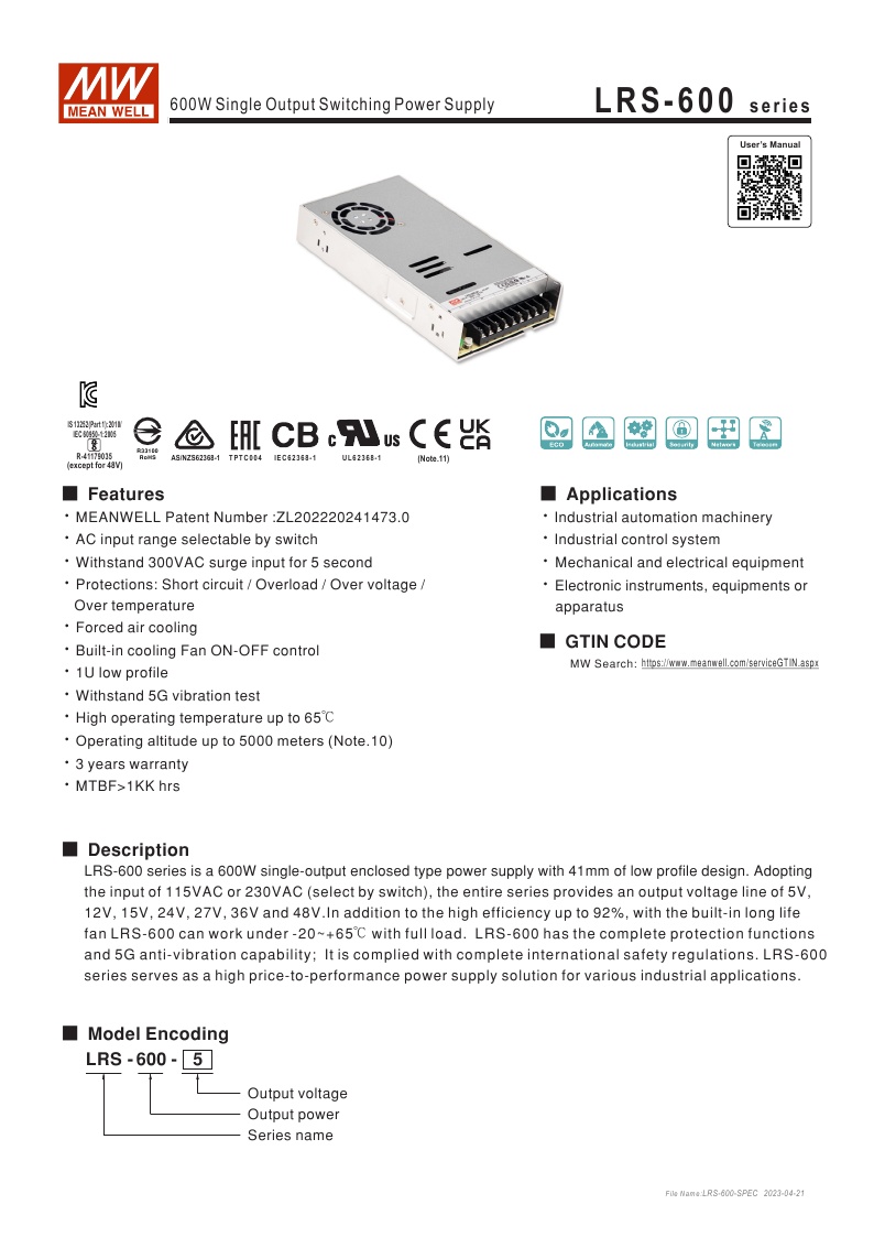 Mean WELL LRS-600-24 Series LRS-600-5/12/15/24/27/36/48V 600W ผล ...