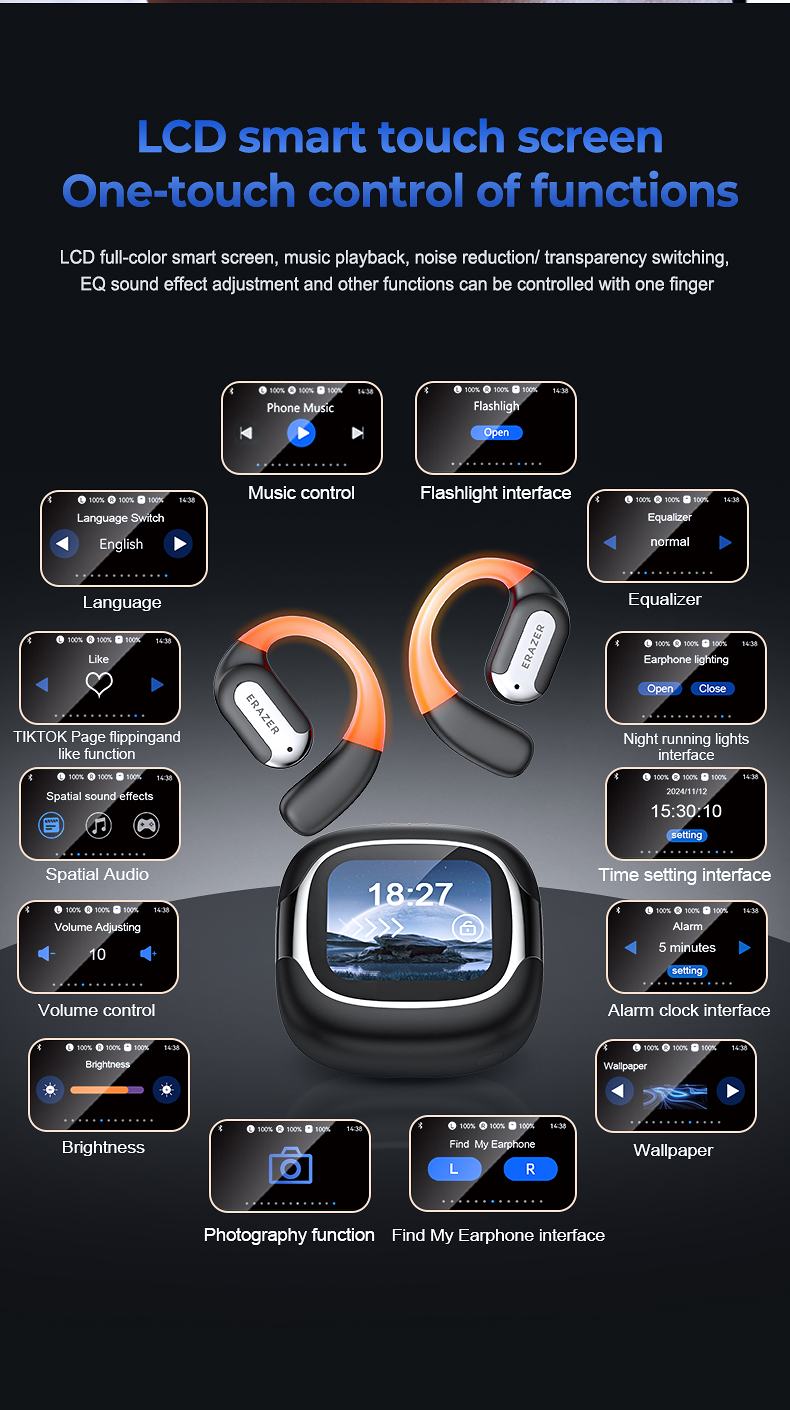 หูฟัง Lenovo ERAZER XF32 พร้อมไฟส่องสว่าง หูฟังแบบเปิด หูฟังไร้สาย บลูทูธ 5.4 หน้าจอสัมผัส ...