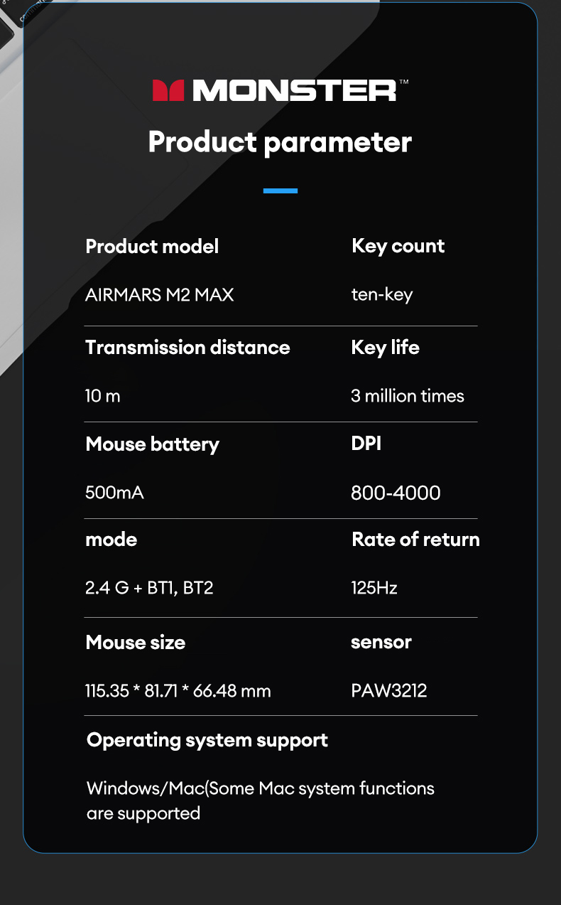 Monster M2 MAX เมาส์บลูทูธไร้สายไม่ลื่นออกแบบตามหลักสรีรศาสตร์แสงอุปกรณ์หลายอายุการใช้งาน ...