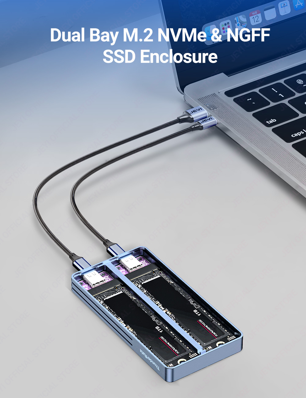 Jeyi เคสอลูมิเนียม Dual Bay M.2 NVMe SATA SSD USB 3.2 Gen 2 10Gbps ...