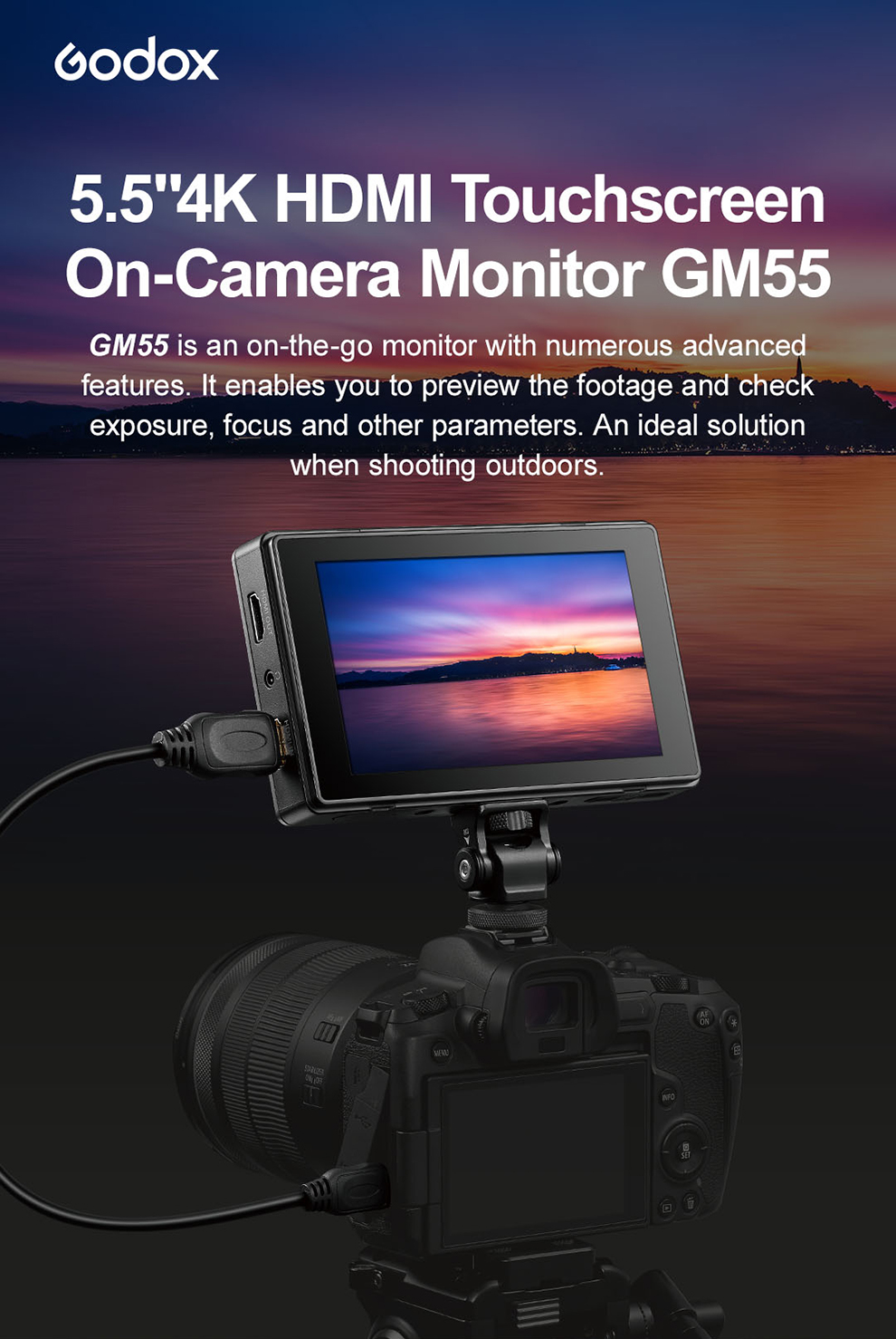 Godox GM55 4K Monitor 5.5 นิ้วบนกล้อง Dslr 3D LUT หน้าจอสัมผัส IPS FHD 1920x1080 วิดีโอ 4K HDMI ...