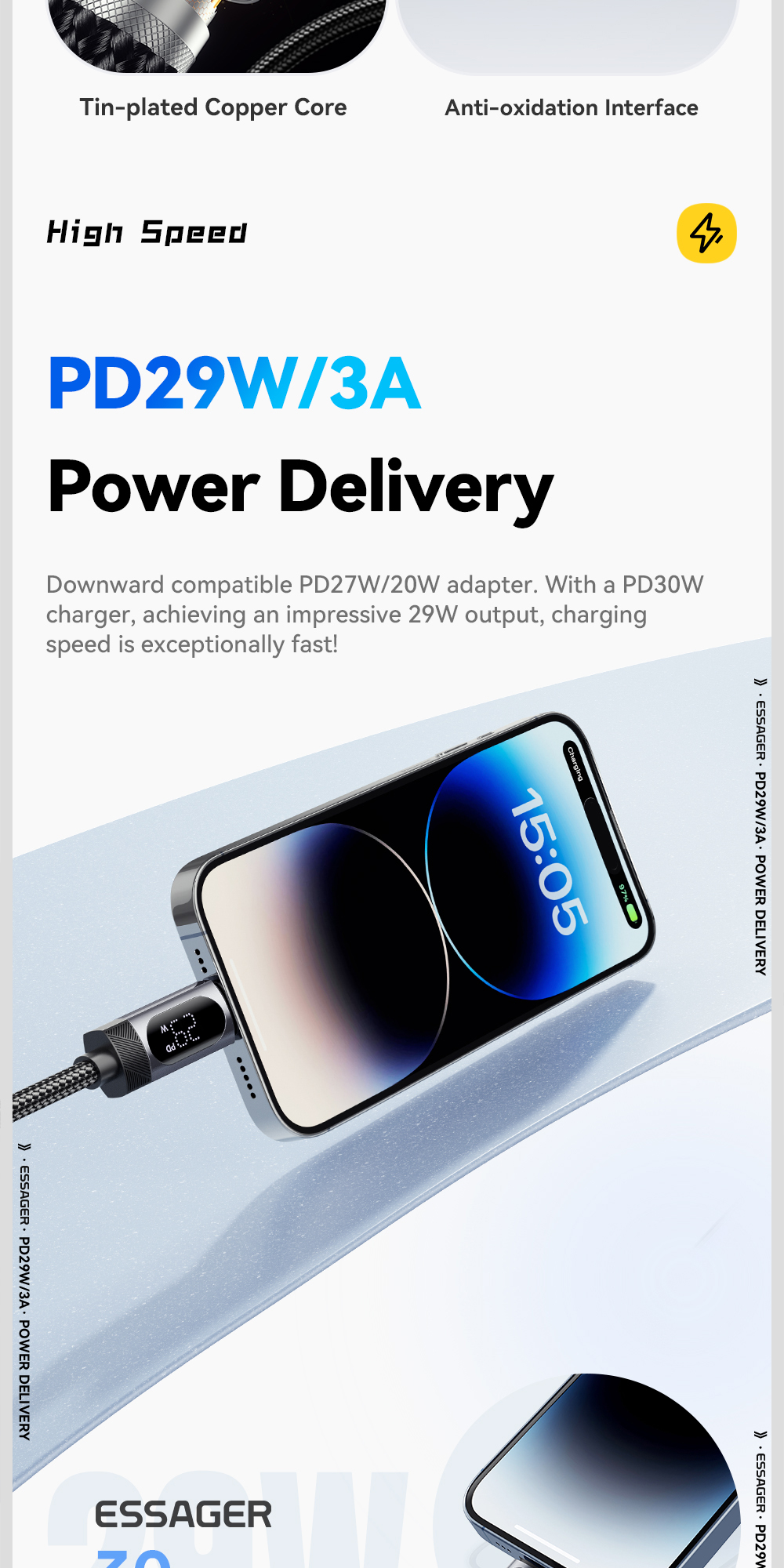 Essager USB-C ถึง L 29W สายเคเบิลข้อมูลชาร์จเร็วจอแสดงผลดิจิตอล ...