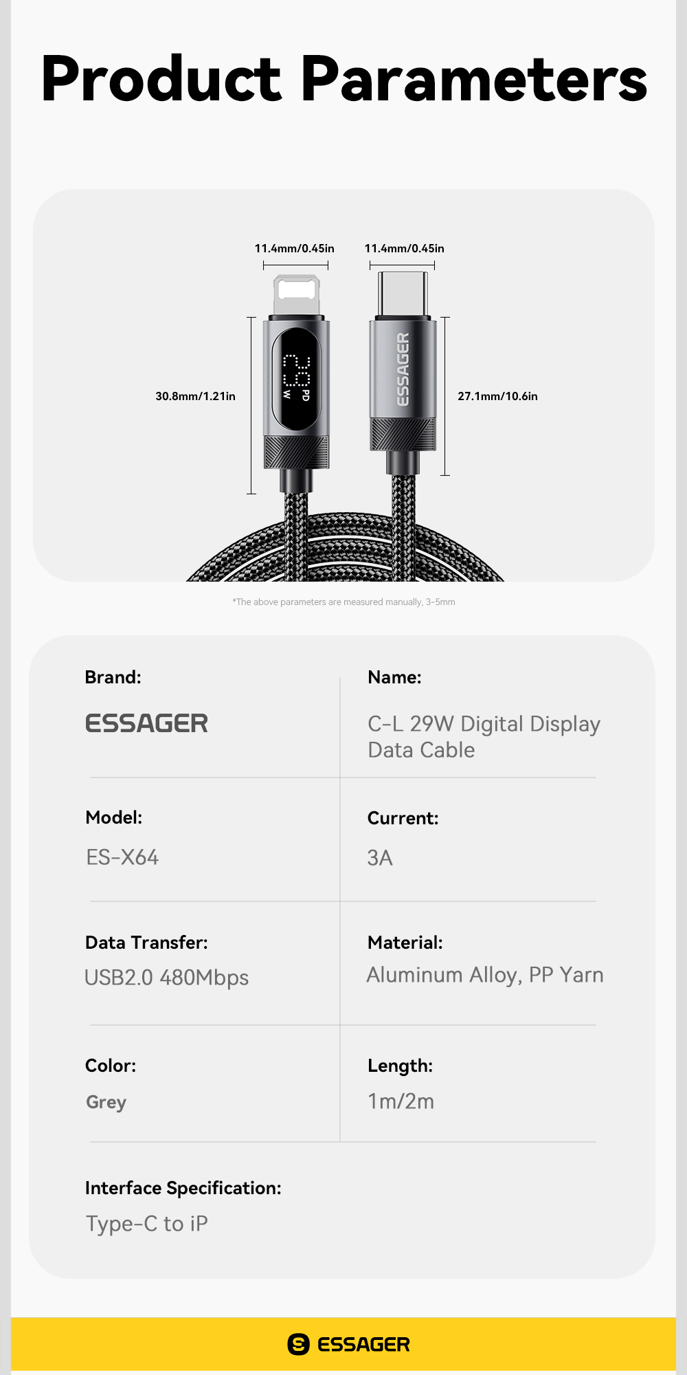 Essager USB-C ถึง L 29W สายเคเบิลข้อมูลชาร์จเร็วจอแสดงผลดิจิตอล ...