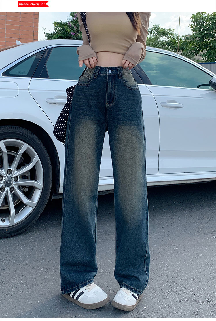 Unique Simple High-Waisted Straight Jeans Women Retro Blue All-Match ...
