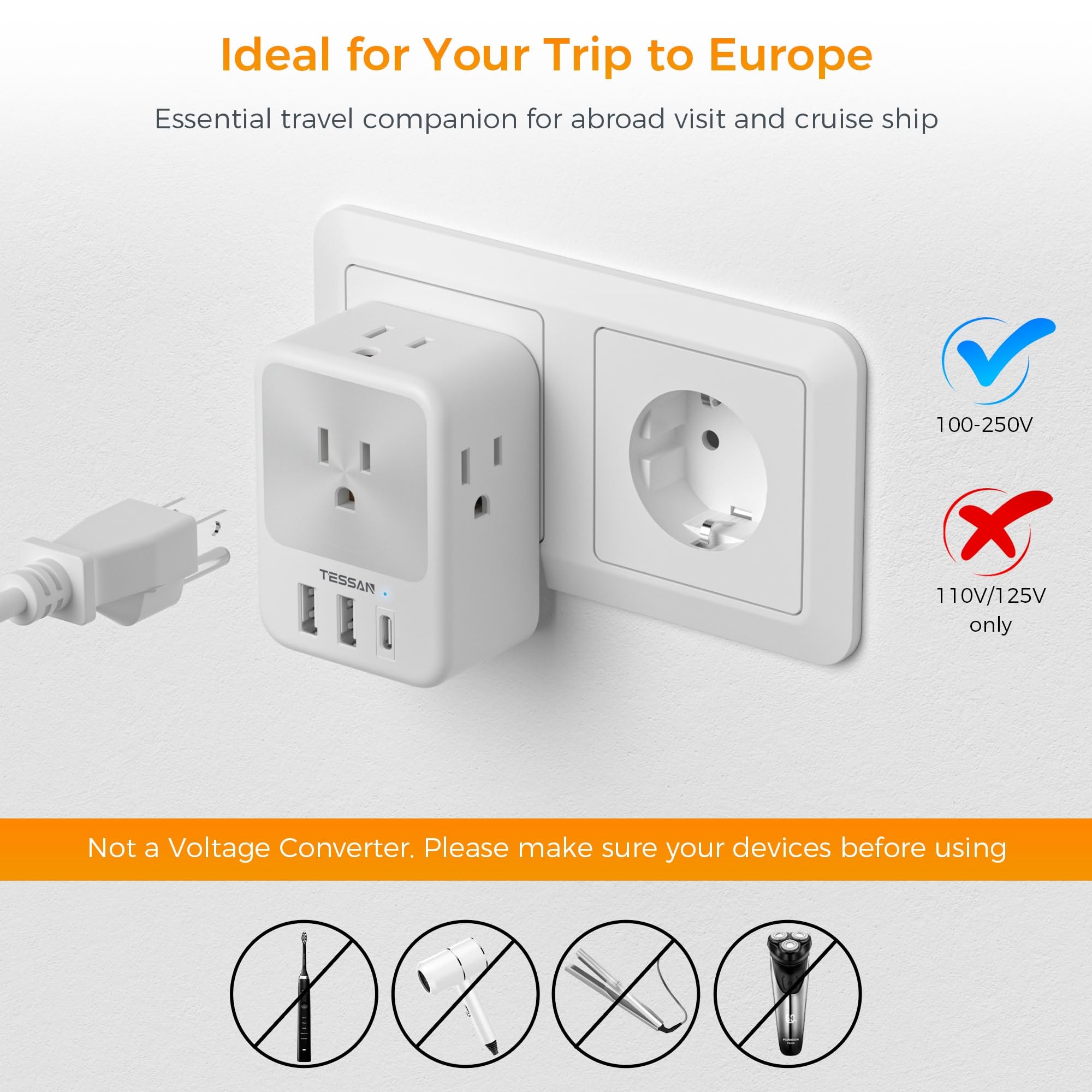 Tessan TH ถึง KR DE Plug Adapter Travel Adapter พร้อม USB,Type F/F Plug ...