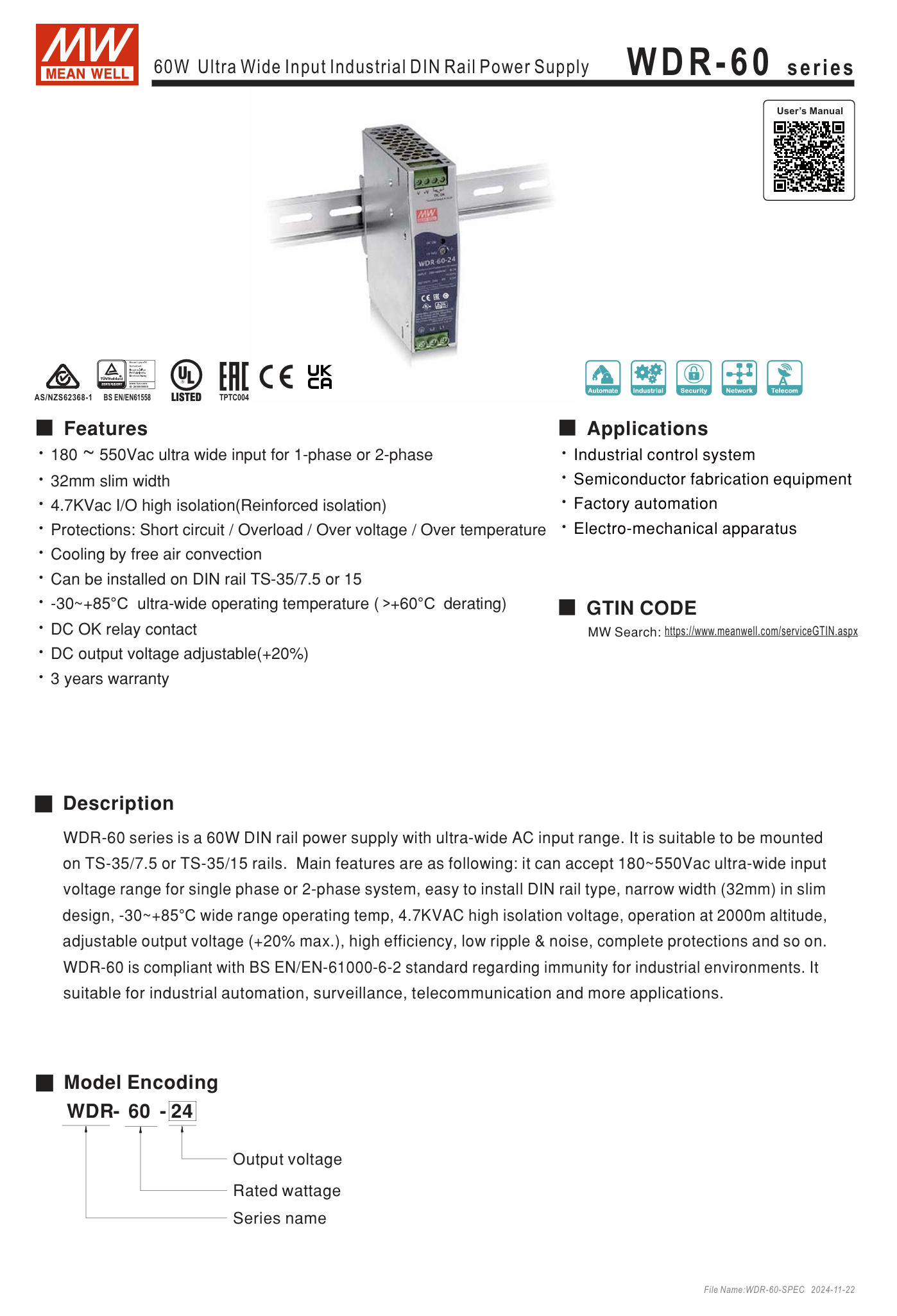 MEAN WELL WDR-120 WDR-60 WDR-240 WDR-480 DC12V DC24V DC48V อินพุต 180 ...