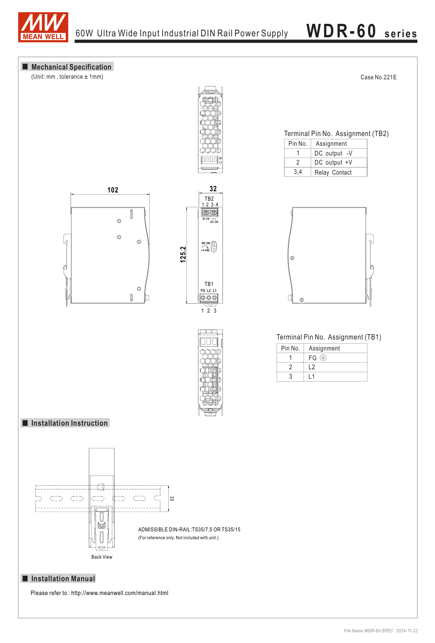 MEAN WELL WDR-120 WDR-60 WDR-240 WDR-480 DC12V DC24V DC48V อินพุต 180 ...