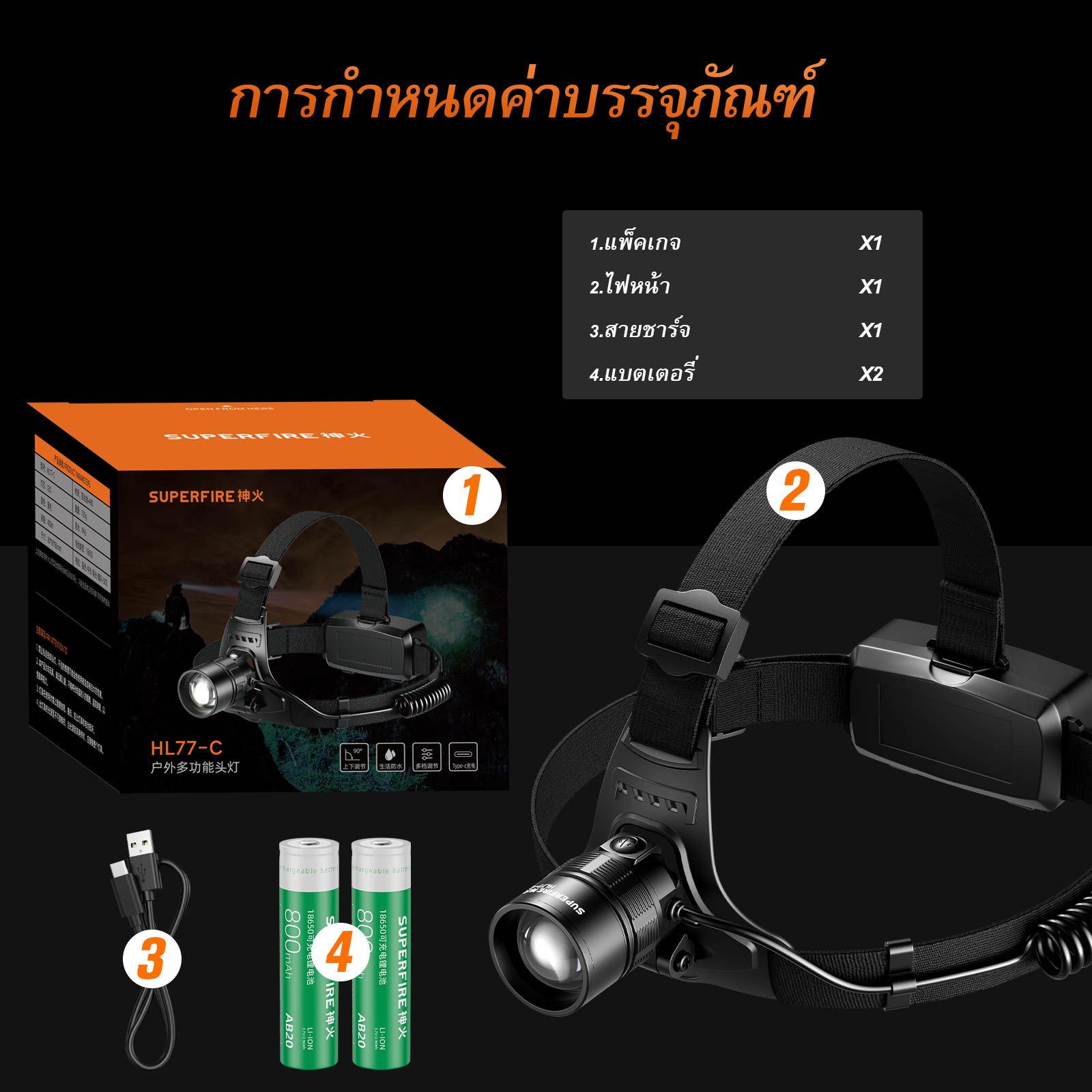 ไฟฉายคาดหัว SUPERFIRE HL77-C 3W ไฟหัว LED ชาร์จได้ ซูมได้ กันน้ำ ...