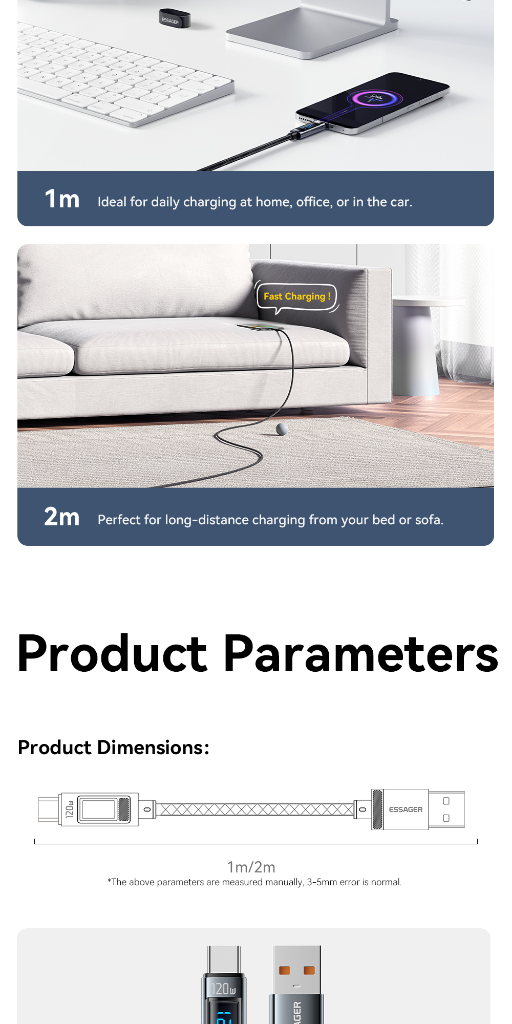 Essager 120W สาย USB Type C ชาร์จเร็วสําหรับ Xiaomi iPhone 15 14 13 12 ...