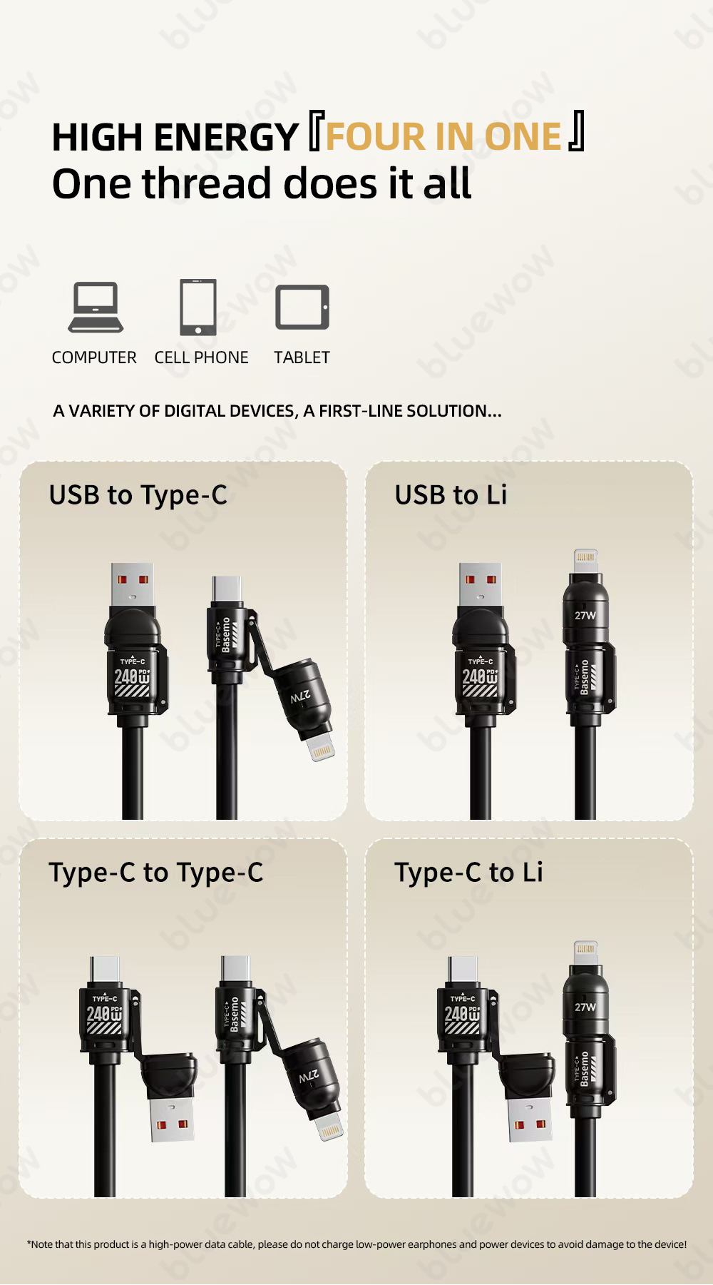 Bluewow 4-in-1 Spring data cable 2M USB A To Type C Fast Charging data ...