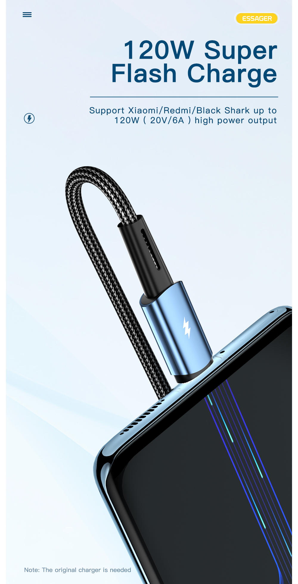 Essager 120W USB-C สายชาร์จเร็ว 6A สําหรับ Xiaomi 12Pro/Redmi K50/Note ...