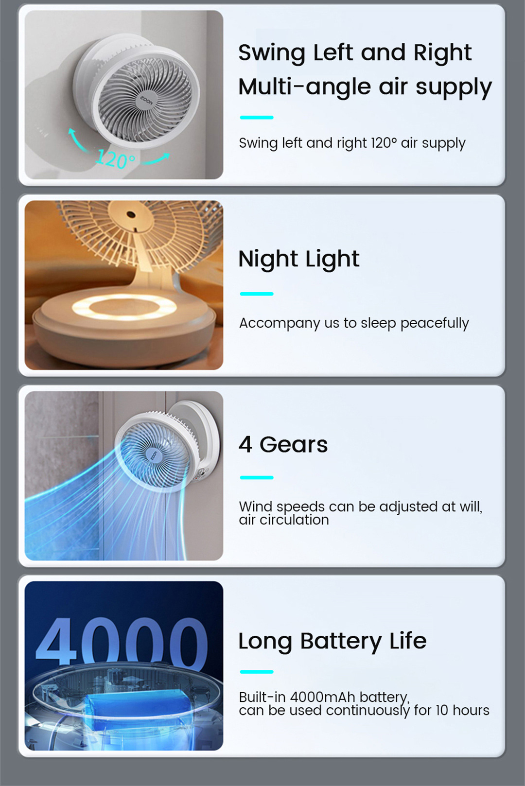 Edon E808 พัดลมตั้งโต๊ะโต๊ะหมุนเวียนอากาศแบบพับได้ USB แบบพกพาพร้อมไฟกลางคืนลมนุ่มสบาย | Shopee ...