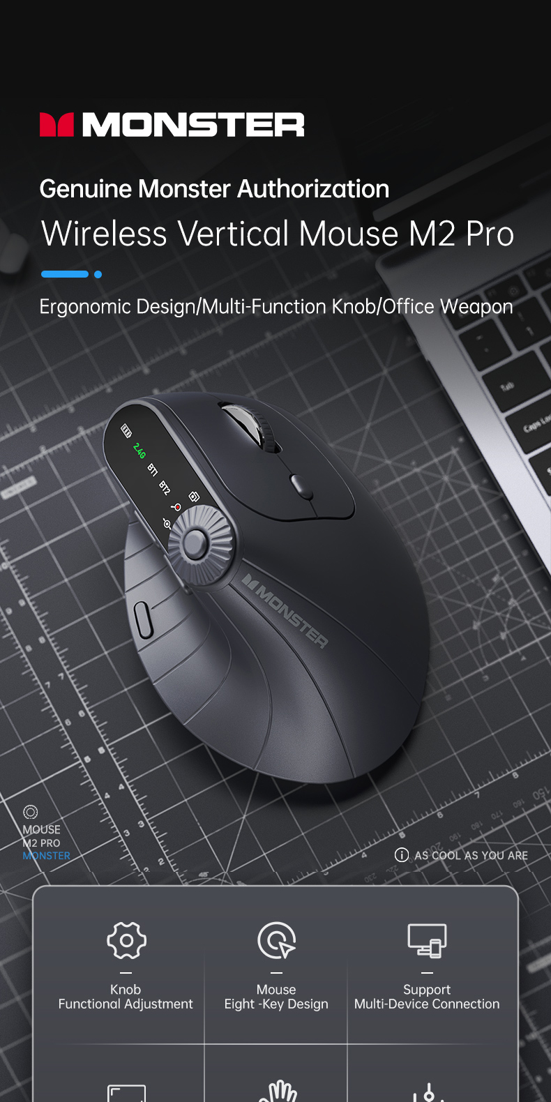 Monster M2Pro/M2MAX เมาส์ไร้สาย แนวตั้ง 8 ปุ่ม ออกแบบตามสรีรศาสตร์ 800-2400DPI จอ LED สําหรับ ...