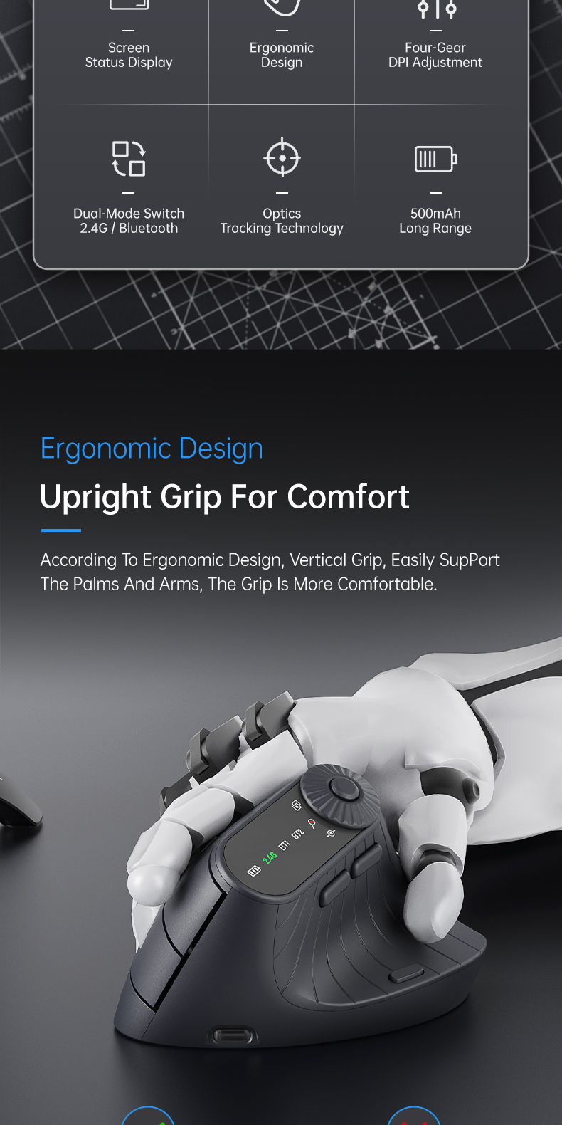 Monster M2Pro/M2MAX เมาส์ไร้สาย แนวตั้ง 8 ปุ่ม ออกแบบตามสรีรศาสตร์ 800-2400DPI จอ LED สําหรับ ...