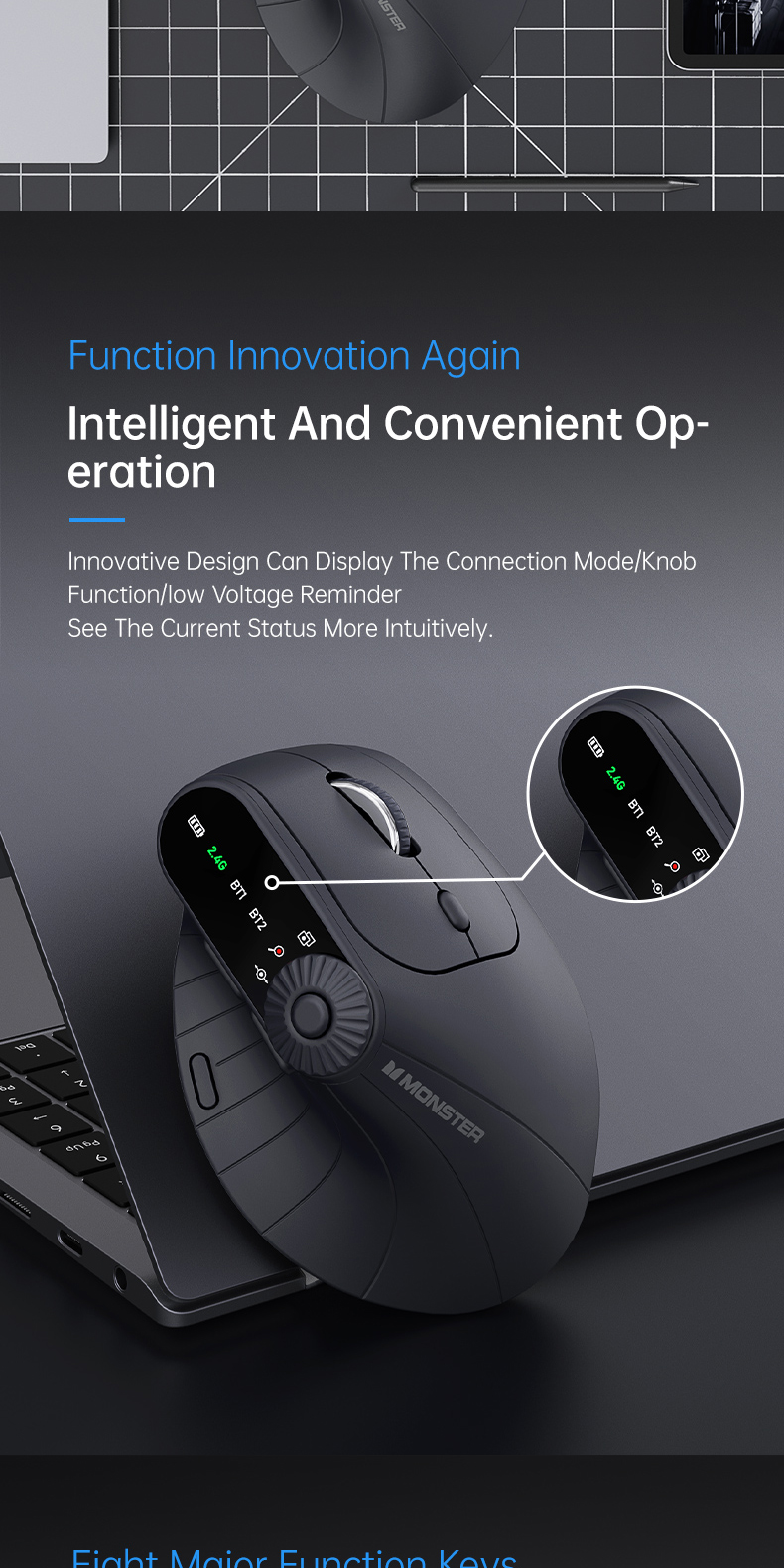 Monster M2Pro/M2MAX เมาส์ไร้สาย แนวตั้ง 8 ปุ่ม ออกแบบตามสรีรศาสตร์ 800-2400DPI จอ LED สําหรับ ...