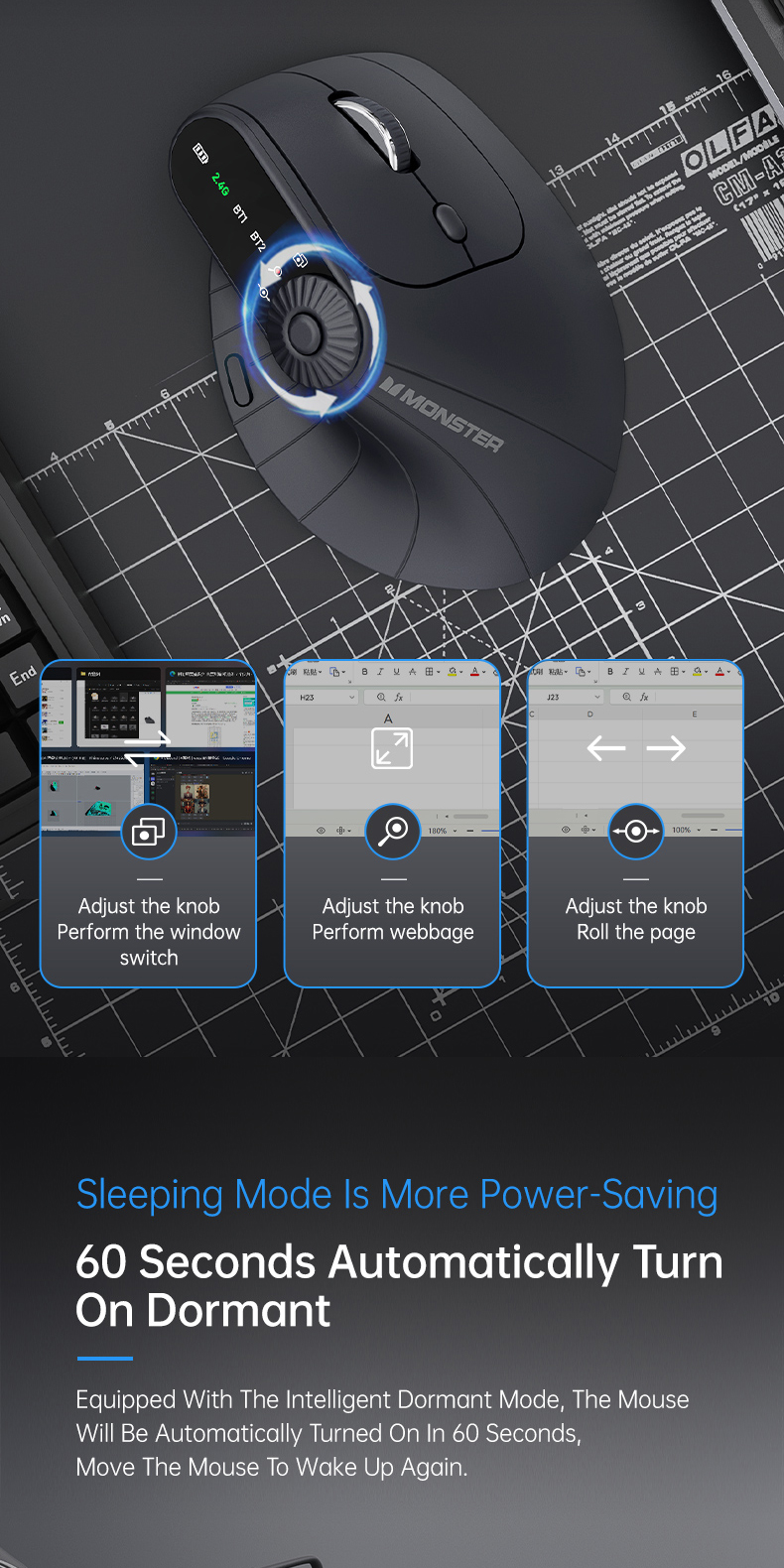 Monster M2Pro/M2MAX เมาส์ไร้สาย แนวตั้ง 8 ปุ่ม ออกแบบตามสรีรศาสตร์ 800-2400DPI จอ LED สําหรับ ...