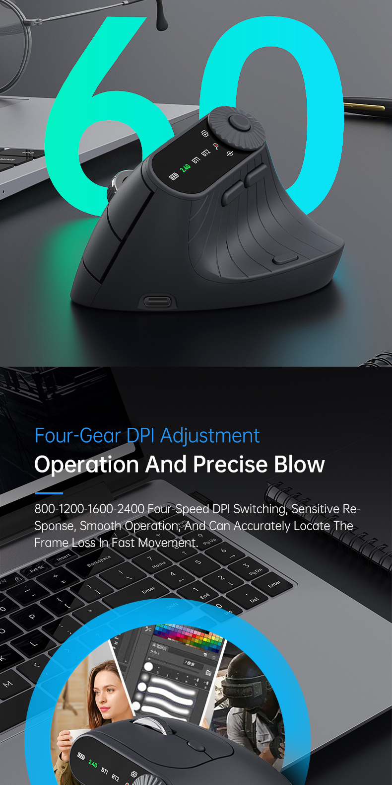 Monster M2Pro/M2MAX เมาส์ไร้สาย แนวตั้ง 8 ปุ่ม ออกแบบตามสรีรศาสตร์ 800-2400DPI จอ LED สําหรับ ...