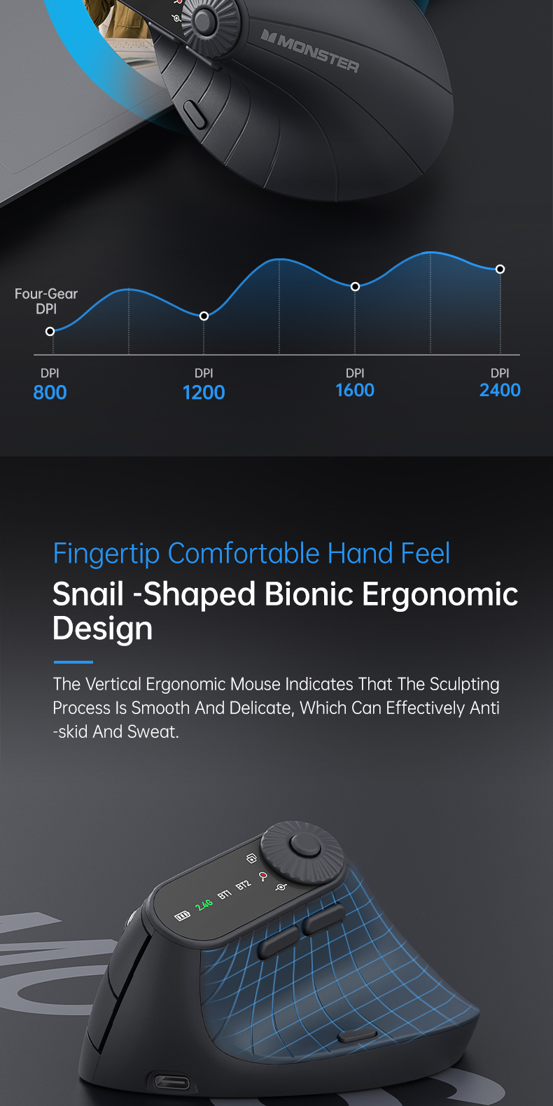 Monster M2Pro/M2MAX เมาส์ไร้สาย แนวตั้ง 8 ปุ่ม ออกแบบตามสรีรศาสตร์ 800-2400DPI จอ LED สําหรับ ...