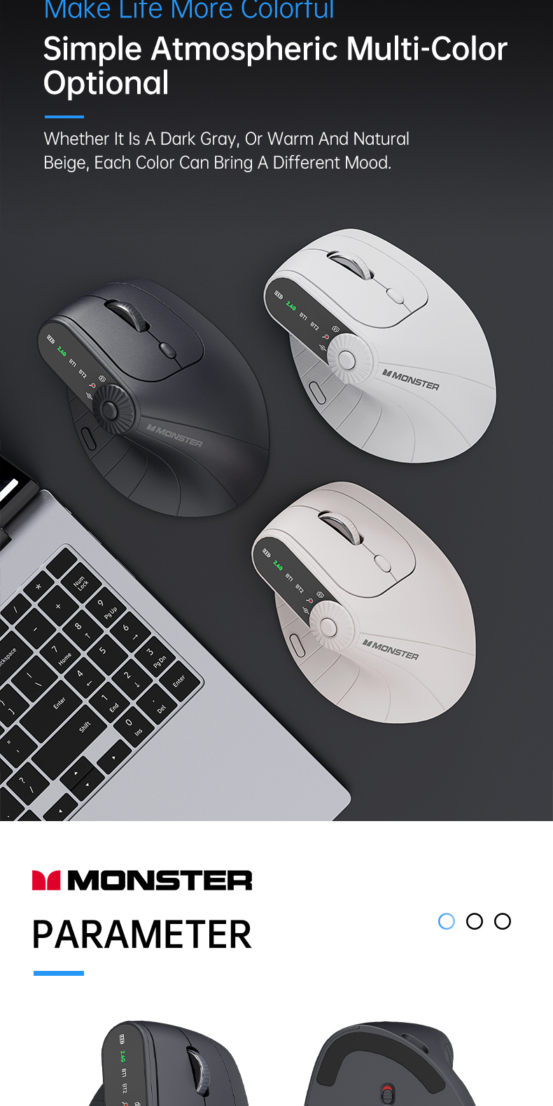 Monster M2Pro/M2MAX เมาส์ไร้สาย แนวตั้ง 8 ปุ่ม ออกแบบตามสรีรศาสตร์ 800-2400DPI จอ LED สําหรับ ...