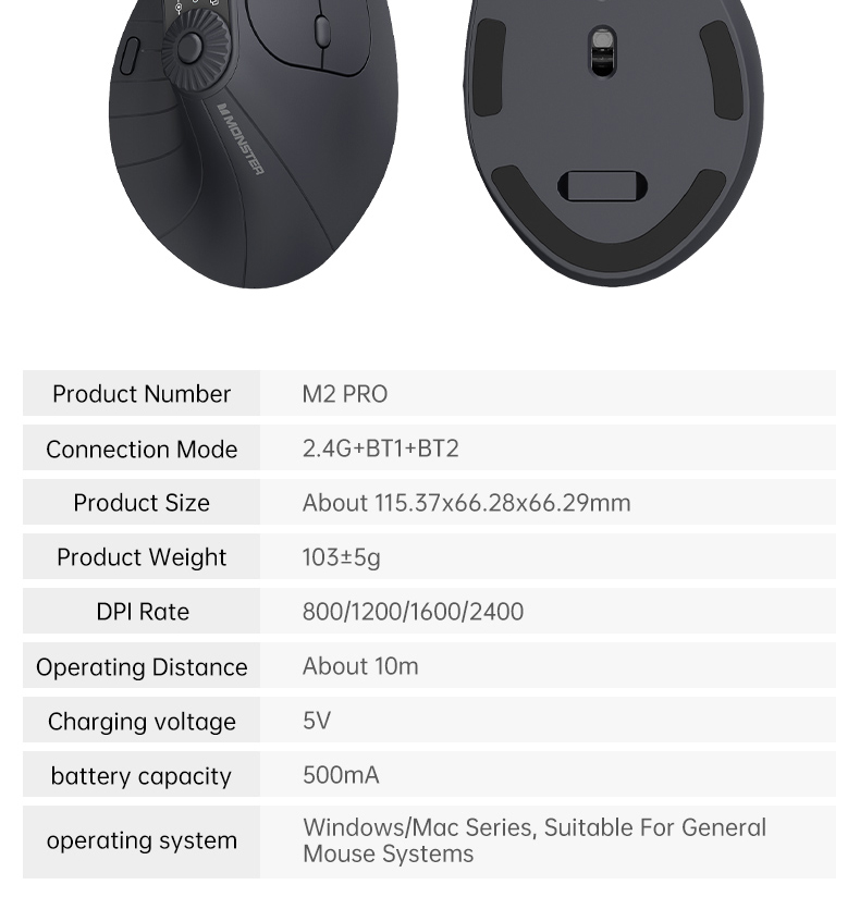 Monster M2Pro/M2MAX เมาส์ไร้สาย แนวตั้ง 8 ปุ่ม ออกแบบตามสรีรศาสตร์ 800 ...